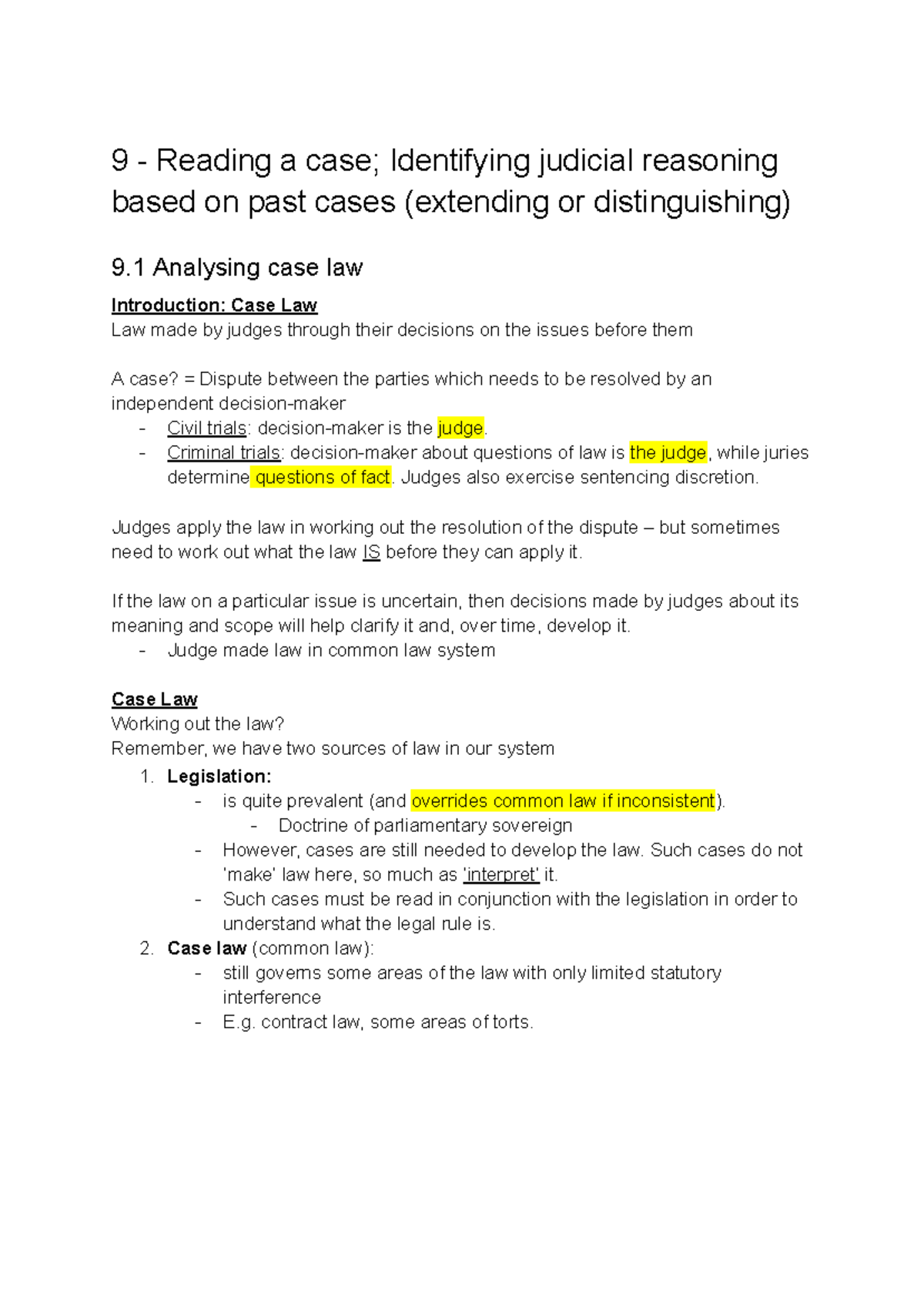 week 9 - reading a case - 9 - Reading a case; Identifying judicial ...