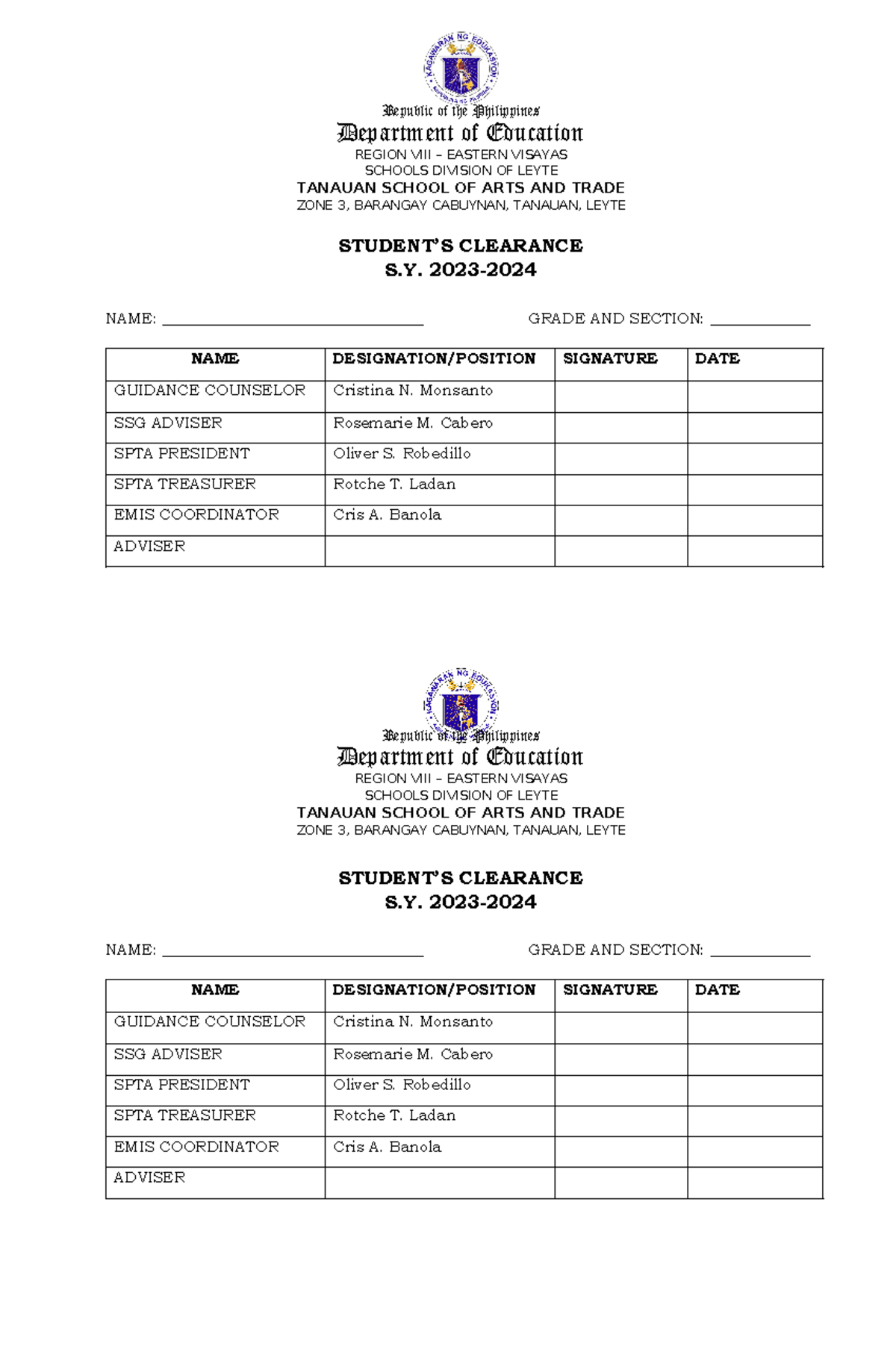 Clearance - Republic of the Philippines Department of Education REGION ...