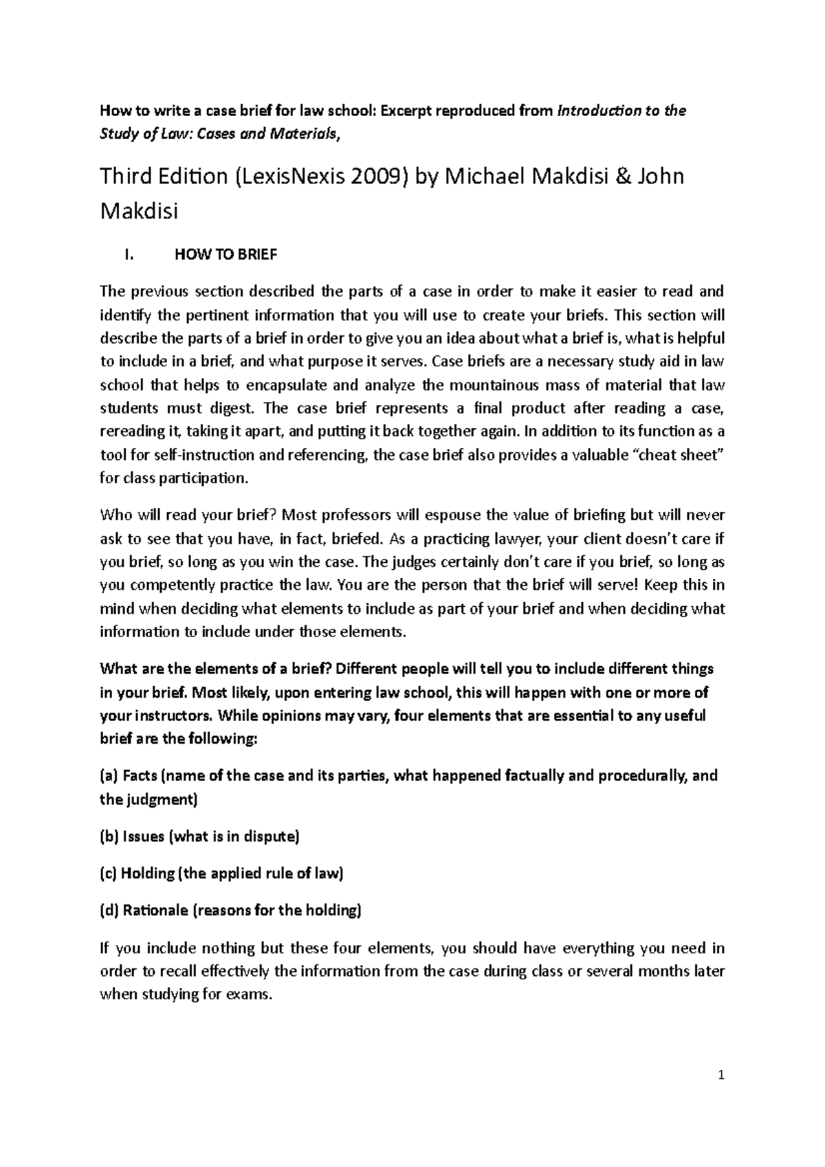 How to write a case brief for law school - HOW TO BRIEF The previous ...