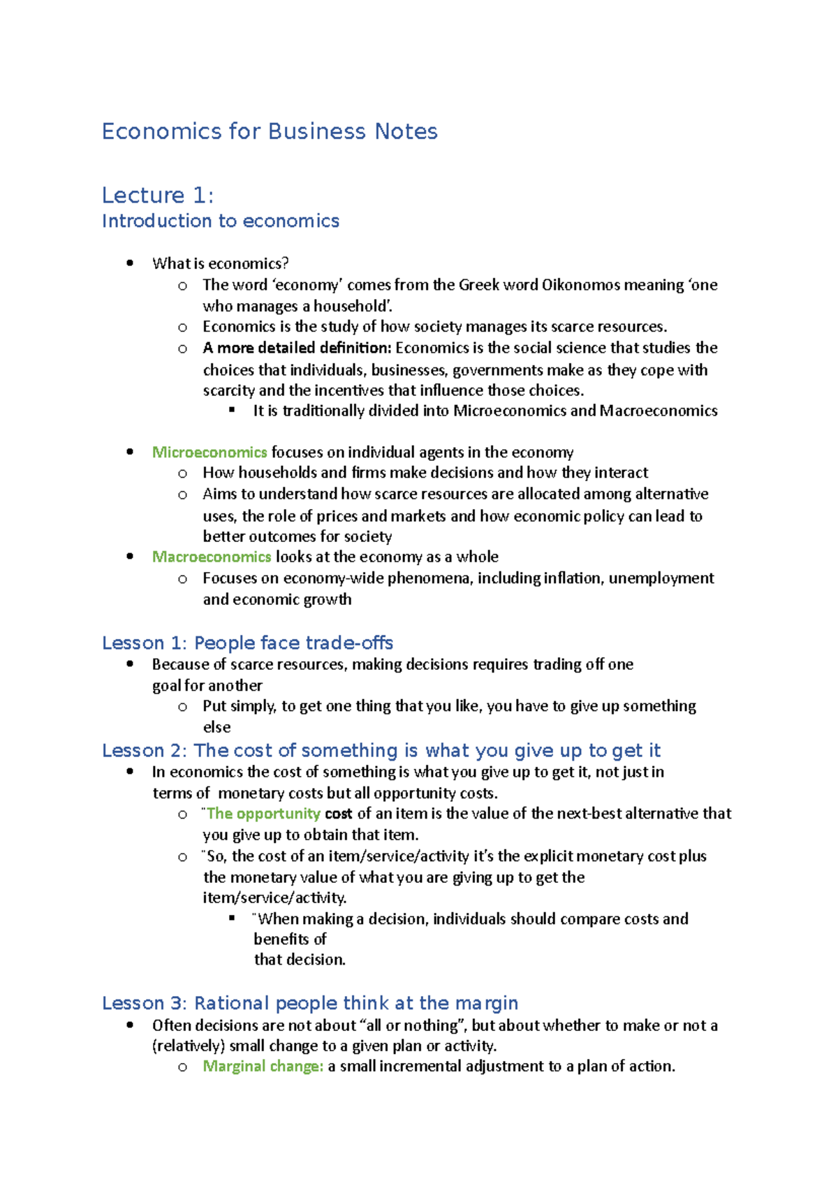Economics for Business Notes - Economics for Business Notes Lecture 1 ...