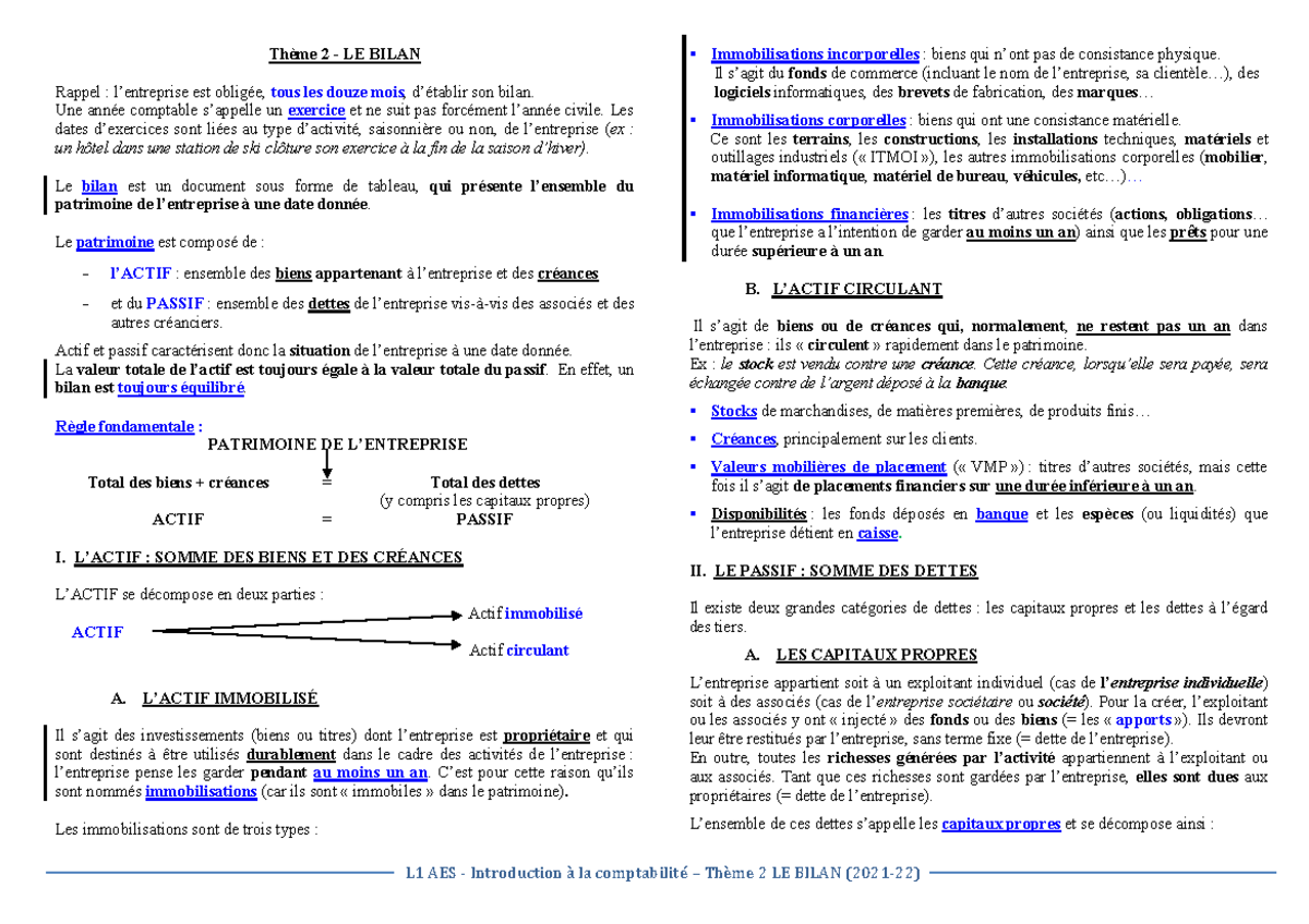 21-22 Thème 2 - Le bilan - L1 AES - Introduction à la comptabilité – Thème 2 LE BILAN (2021-22 ...