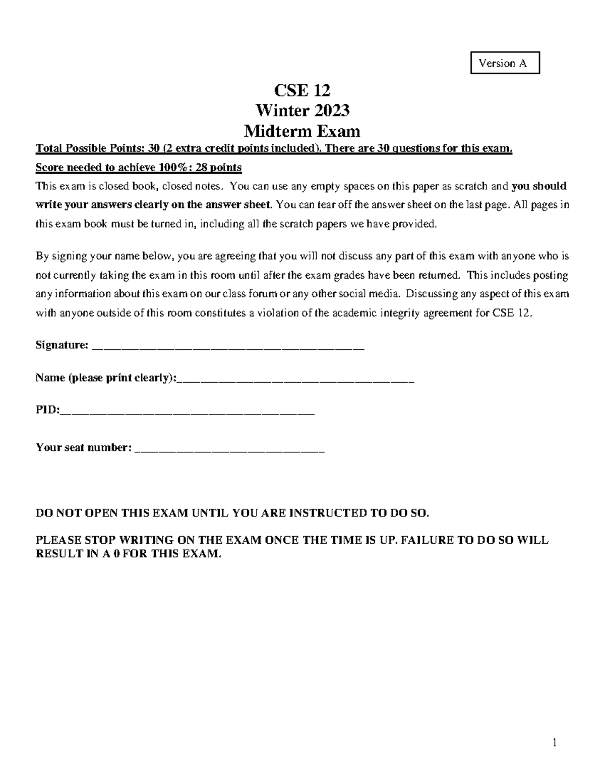 Midterm-Winter 2023-A - CSE 12 Winter 2023 Midterm Exam Total Possible ...