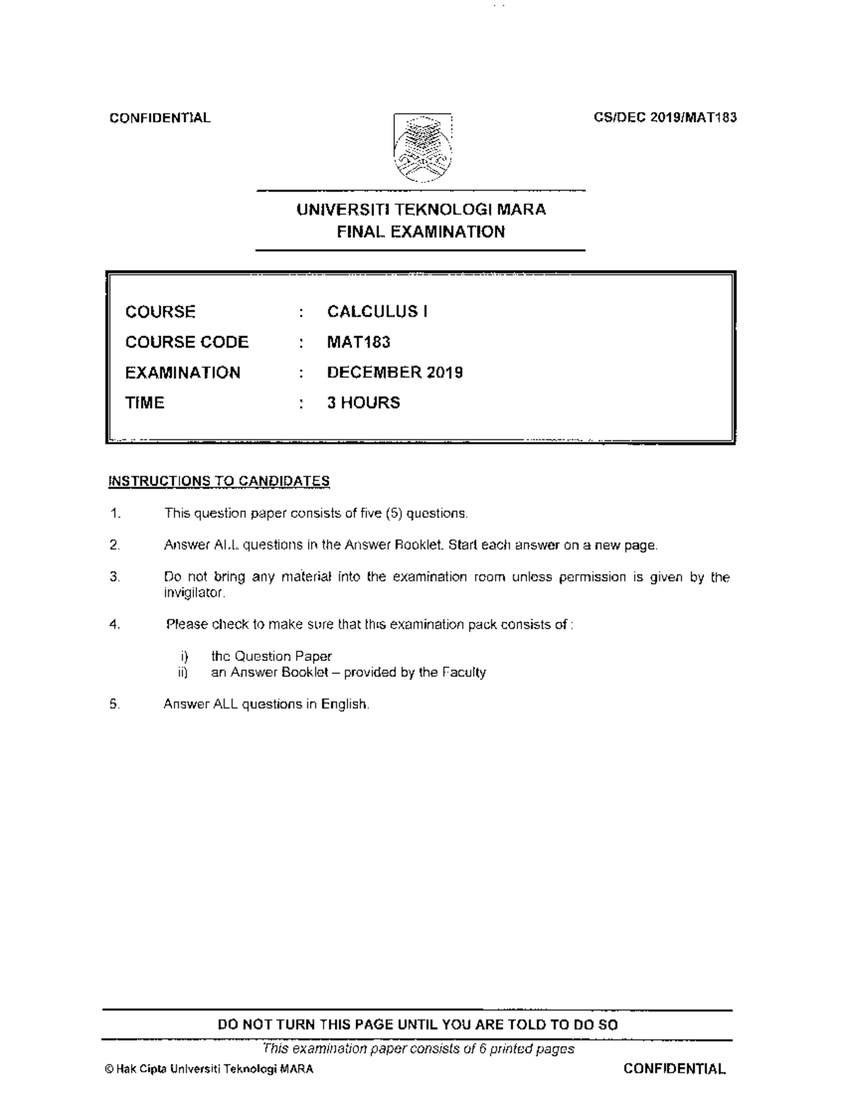 DEC 2019 - Paper exam - CONFIDENTIAL UNIVERSITITEKNOLOGIMARA ...