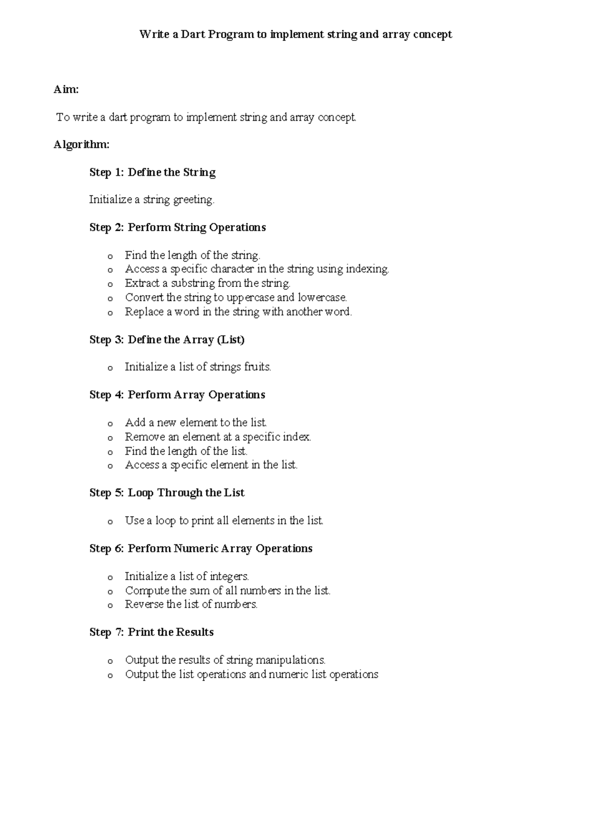 LAb Manuval - USE - Write a Dart Program to implement string and array ...