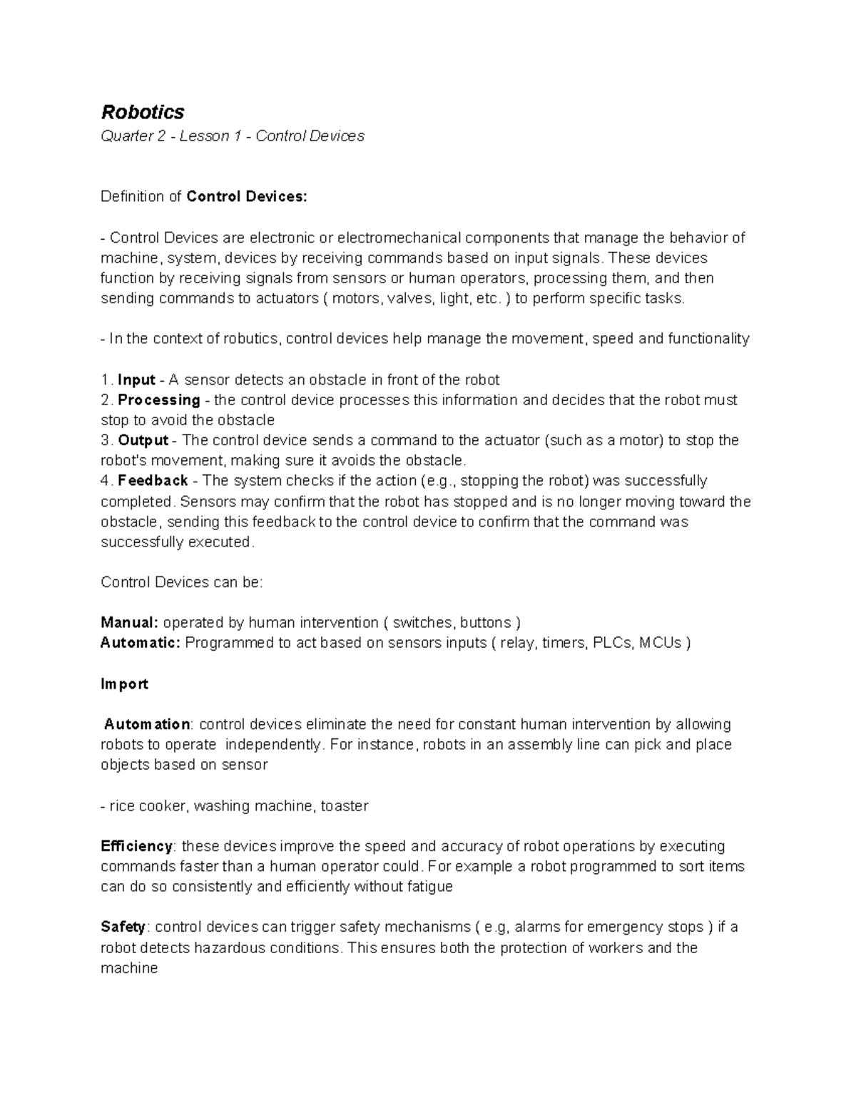 Robotics - Lesson 1 - Control Devices - Robotics Quarter 2 - Lesson 1 ...