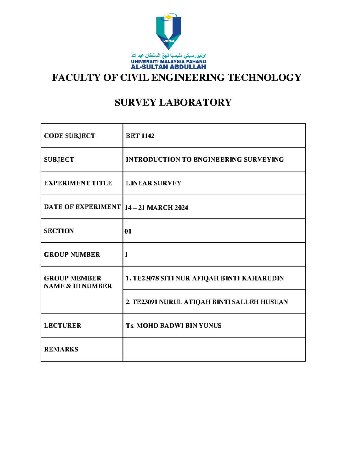 Report Linear Survey - FACULTY OF CIVIL ENGINEERING TECHNOLOGY SURVEY ...