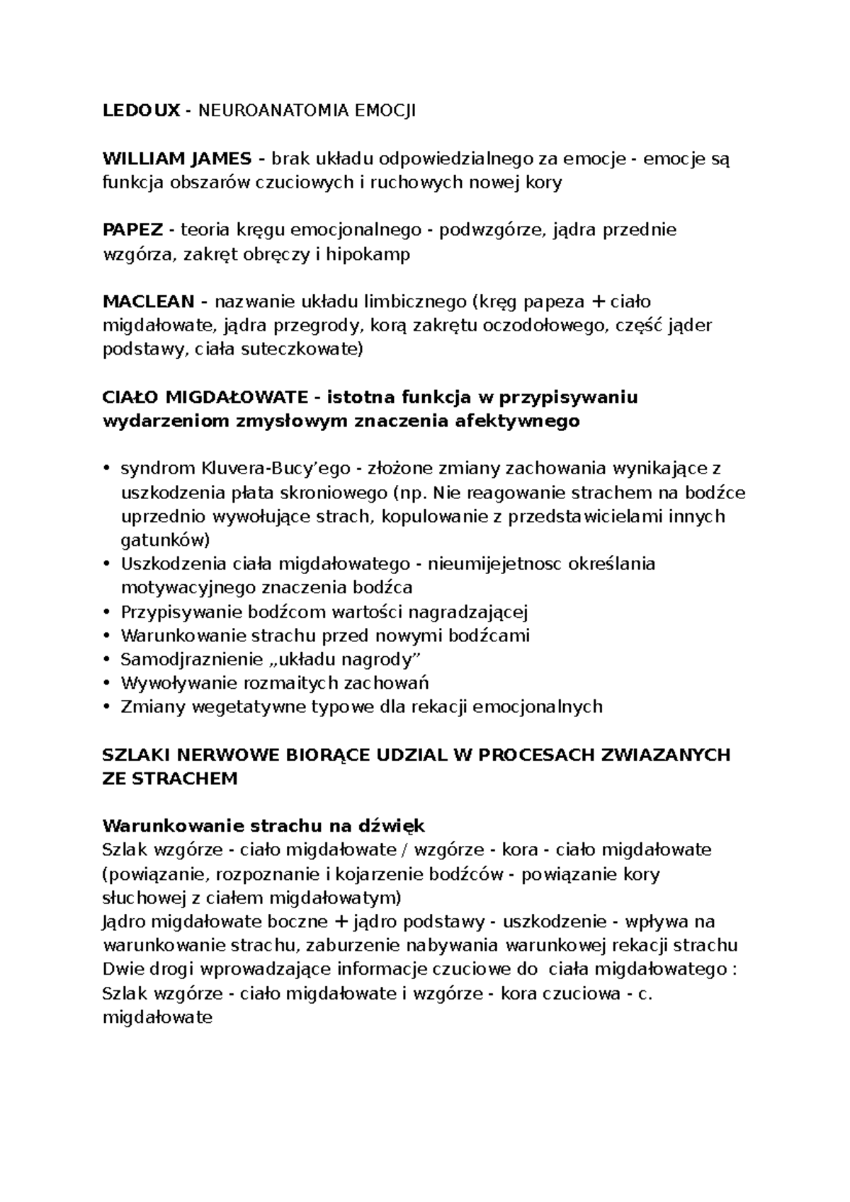 Ledoux - notatka do ćwiczeń - LEDOUX - NEUROANATOMIA EMOCJI WILLIAM ...