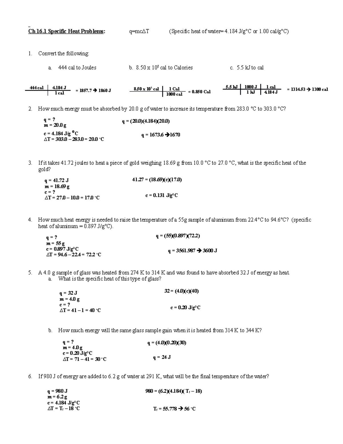 16 1 Specific Heat Practice Part 1 Answer Key Ch 16 Specific Heat Problems Q McΔt Specific