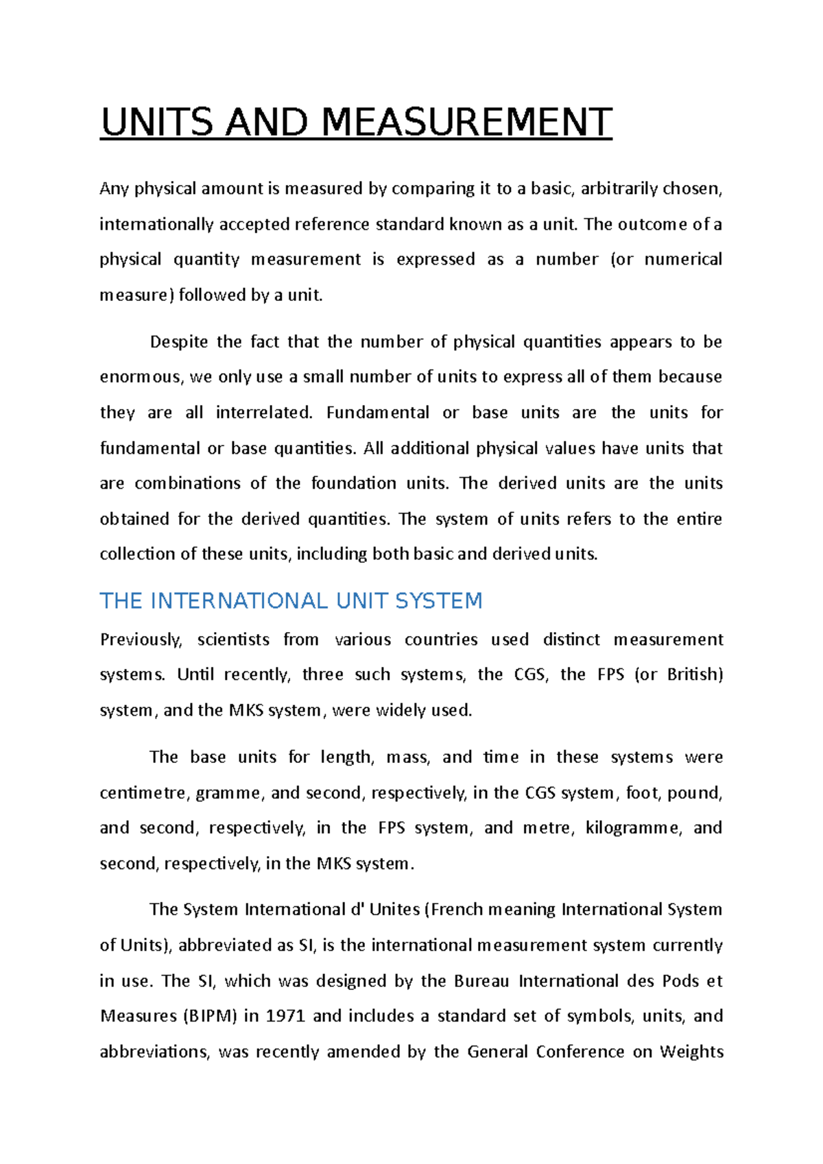 Units AND Measurement - Lecture notes 2 - UNITS AND MEASUREMENT Any ...