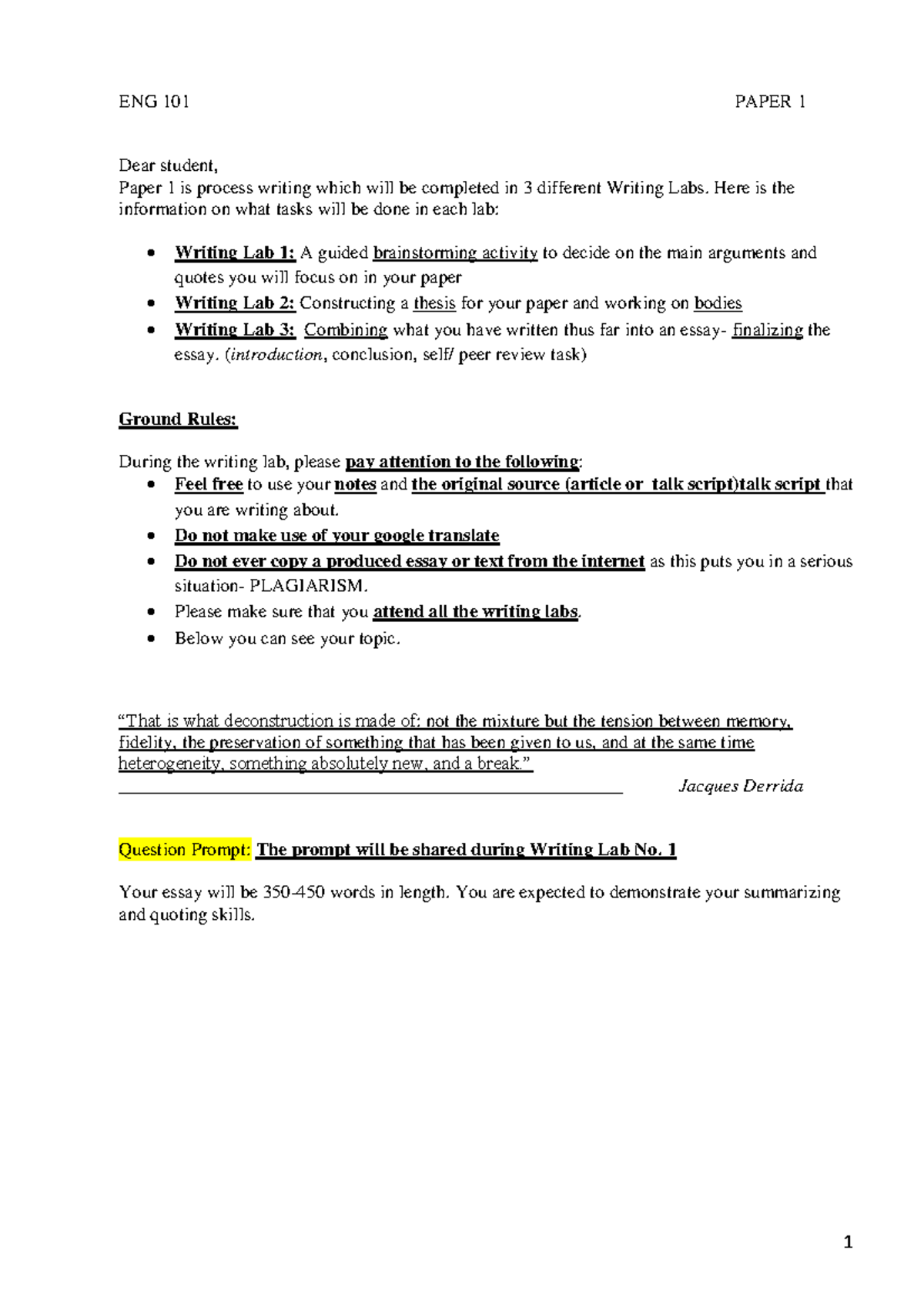 ENG 101-Paper 1 Student Copy 101 where we - ENG 101 PAPER 1 Dear ...