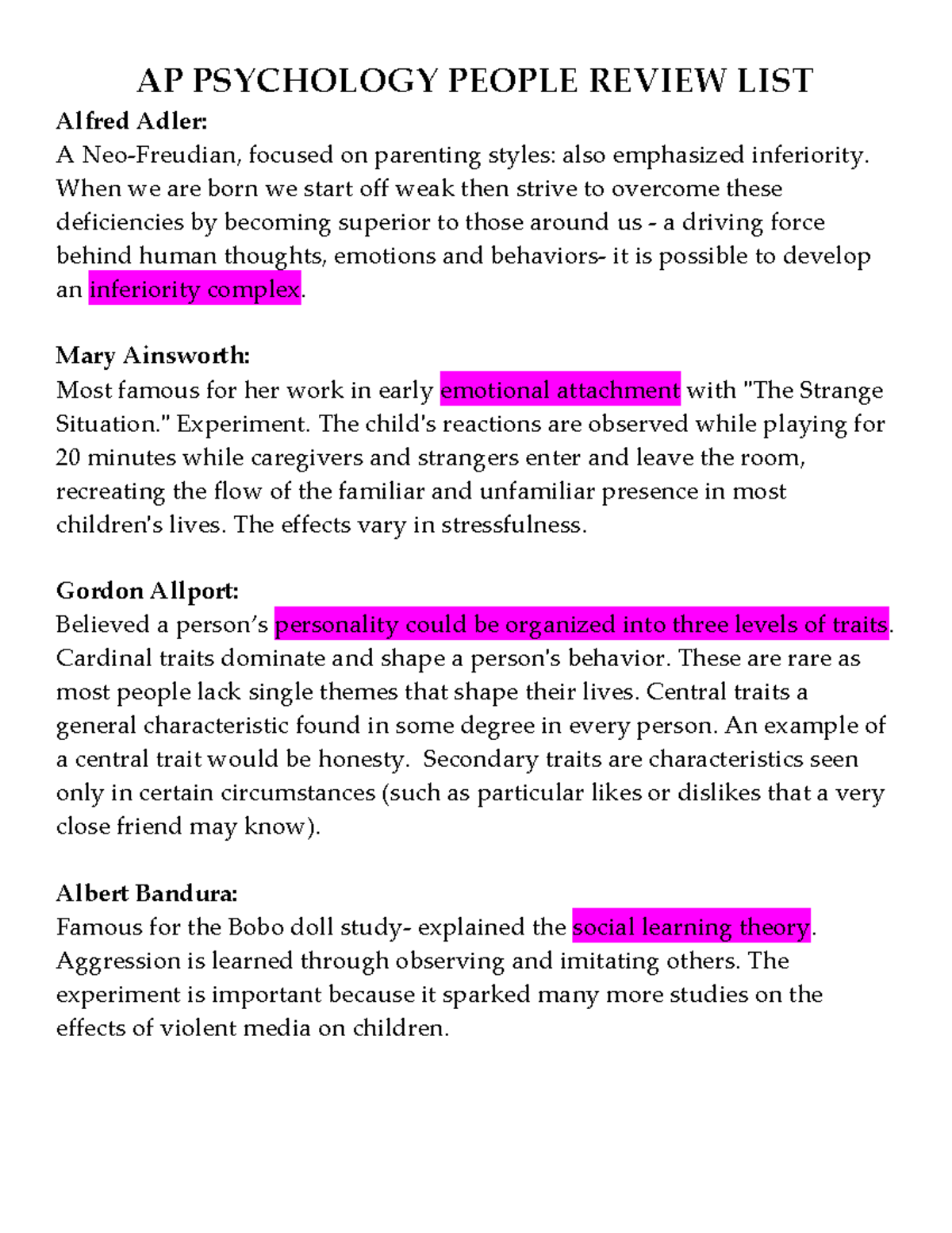 Names of psychologists - AP PSYCHOLOGY PEOPLE REVIEW LIST Alfred Adler ...