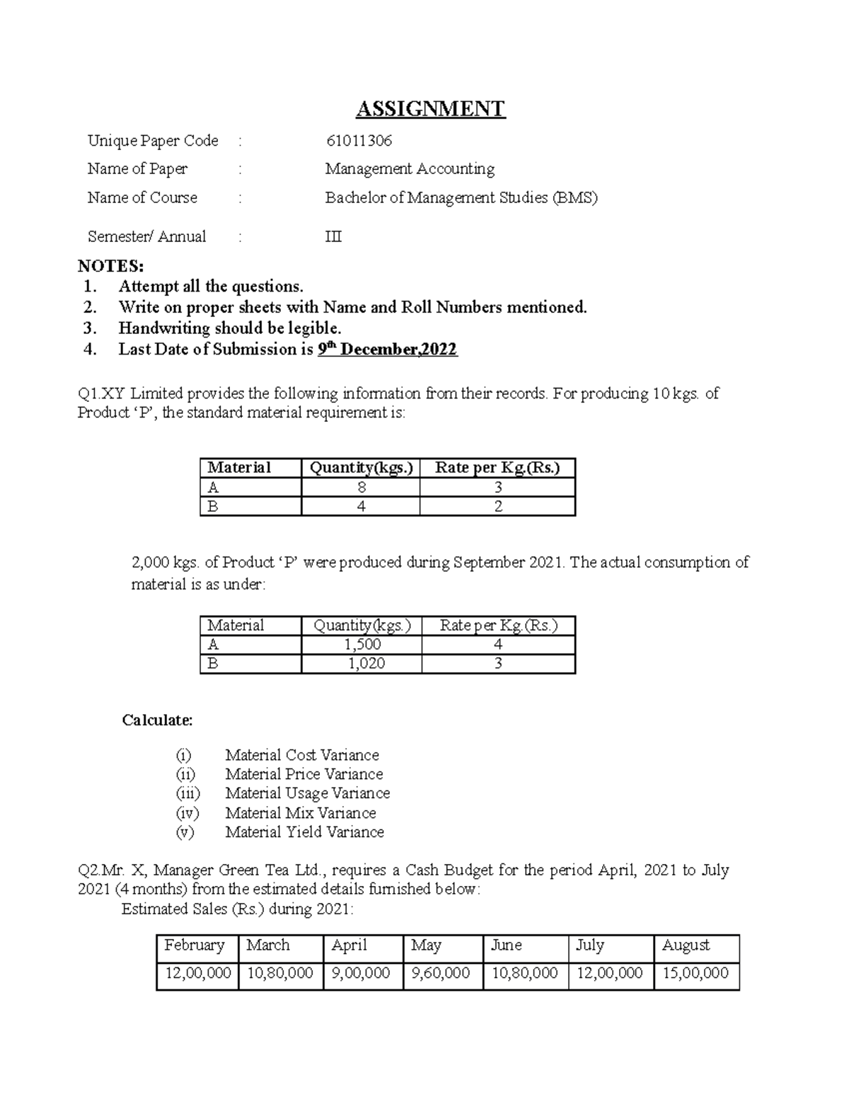 Management Accounting Assignment - ASSIGNMENT Unique Paper Code ...