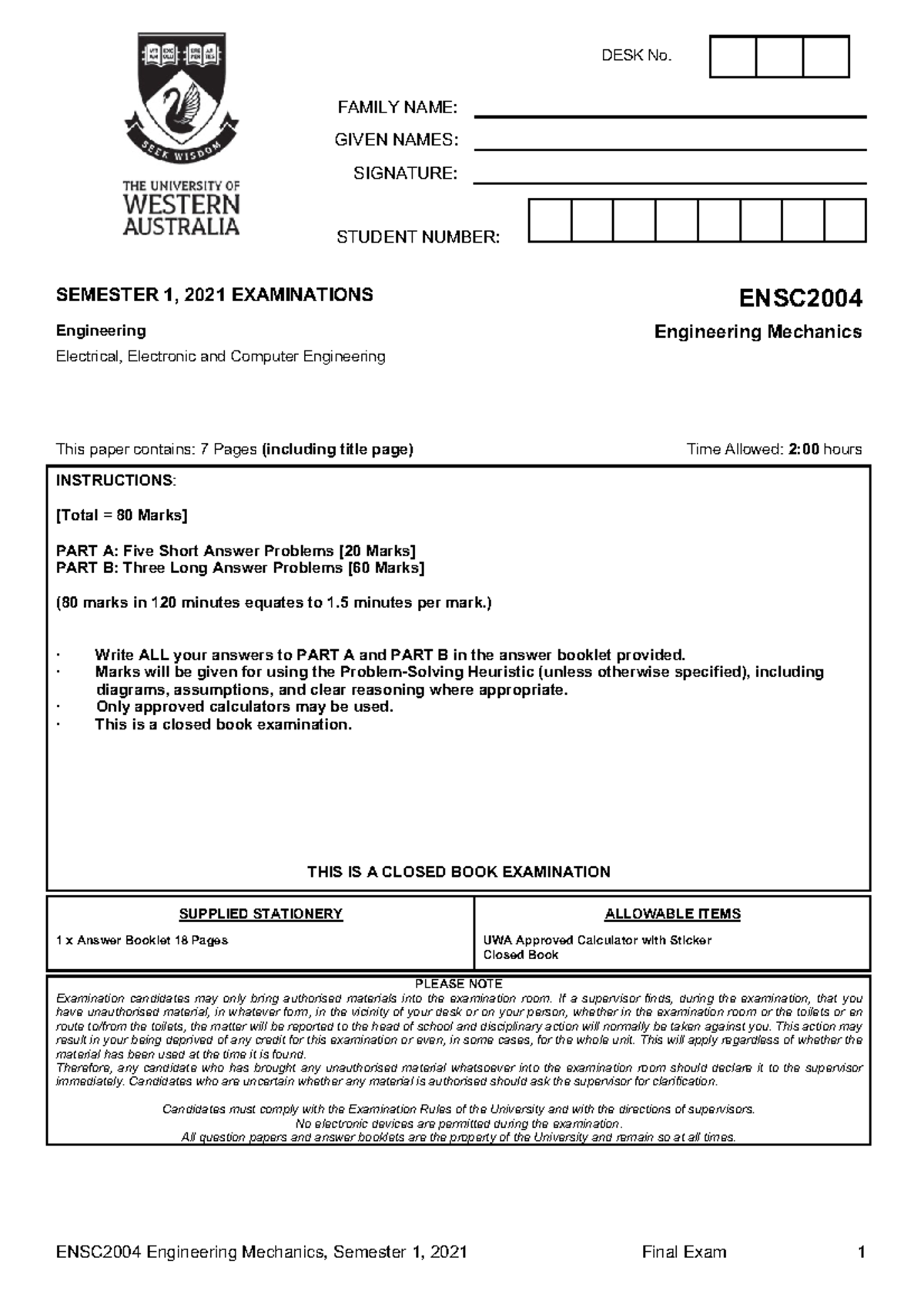 ENSC2004 - Engineering Mechanics - Engineering 1 - DESK No. FAMILY NAME ...