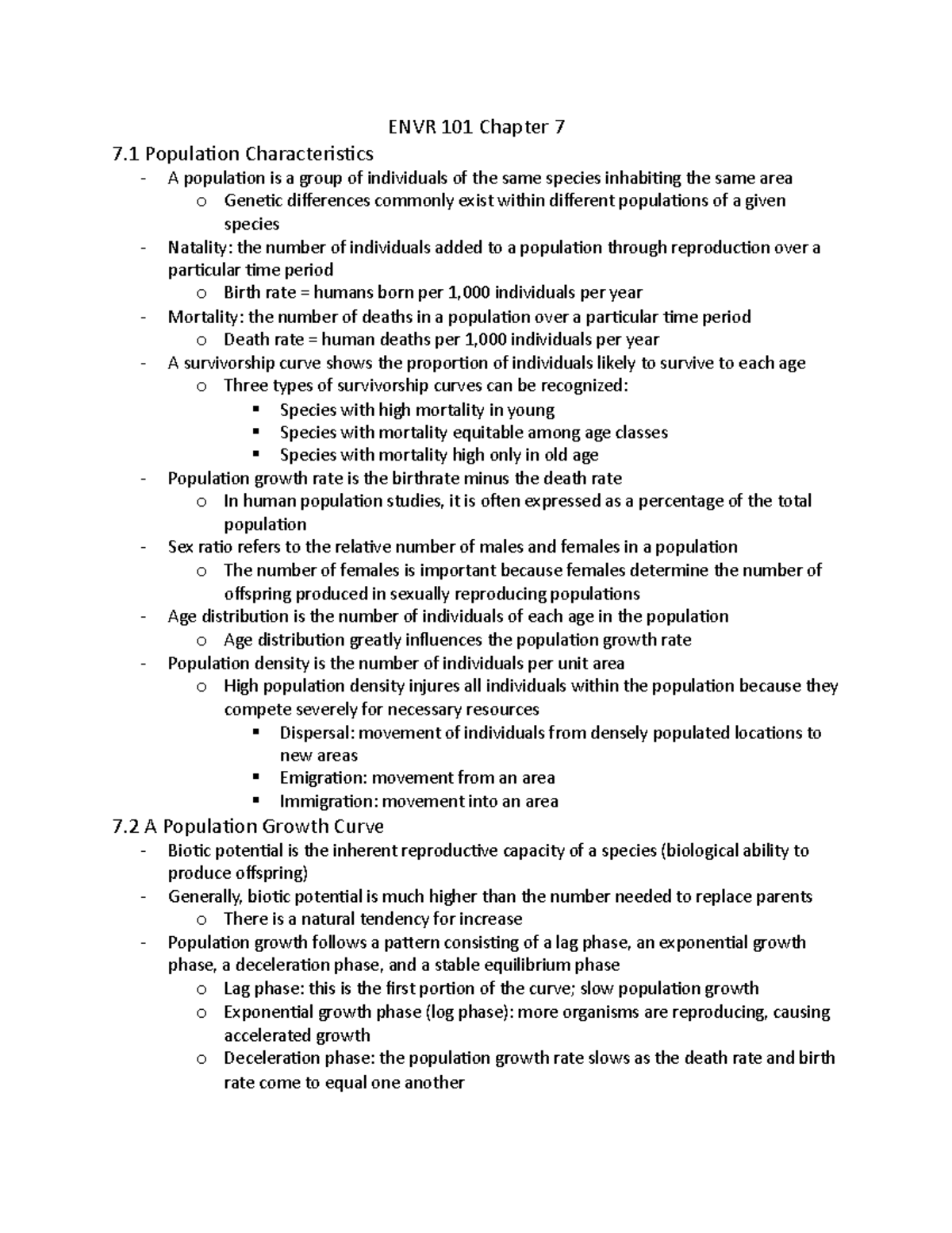 ENVR 101 Chapter 7 - All notes from slides in lectures along with ...