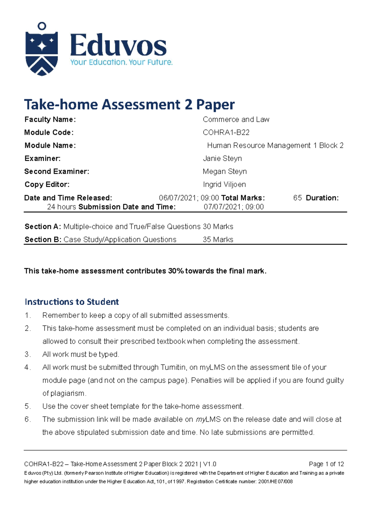 Kjninhuihnujnhkj - tother - Take-home Assessment 2 Paper Faculty Name ...
