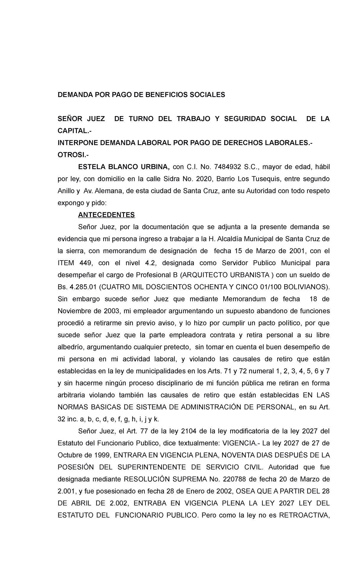 1 B Demanda POR PAGO DE Beneficios Sociales - DEMANDA POR PAGO DE BENEFICIOS SOCIALES SEÑOR JUEZ ...