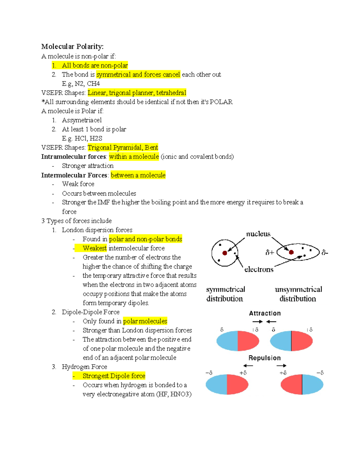 Unit 3 Chem - notes - Molecular Polarity: A molecule is non-polar if: 1 ...