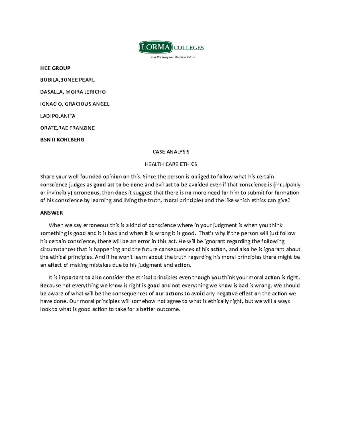 CASE Analysis #4 - HCE GROUP BOBILA,BONEE PEARL DASALLA, MOIRA JERICHO ...