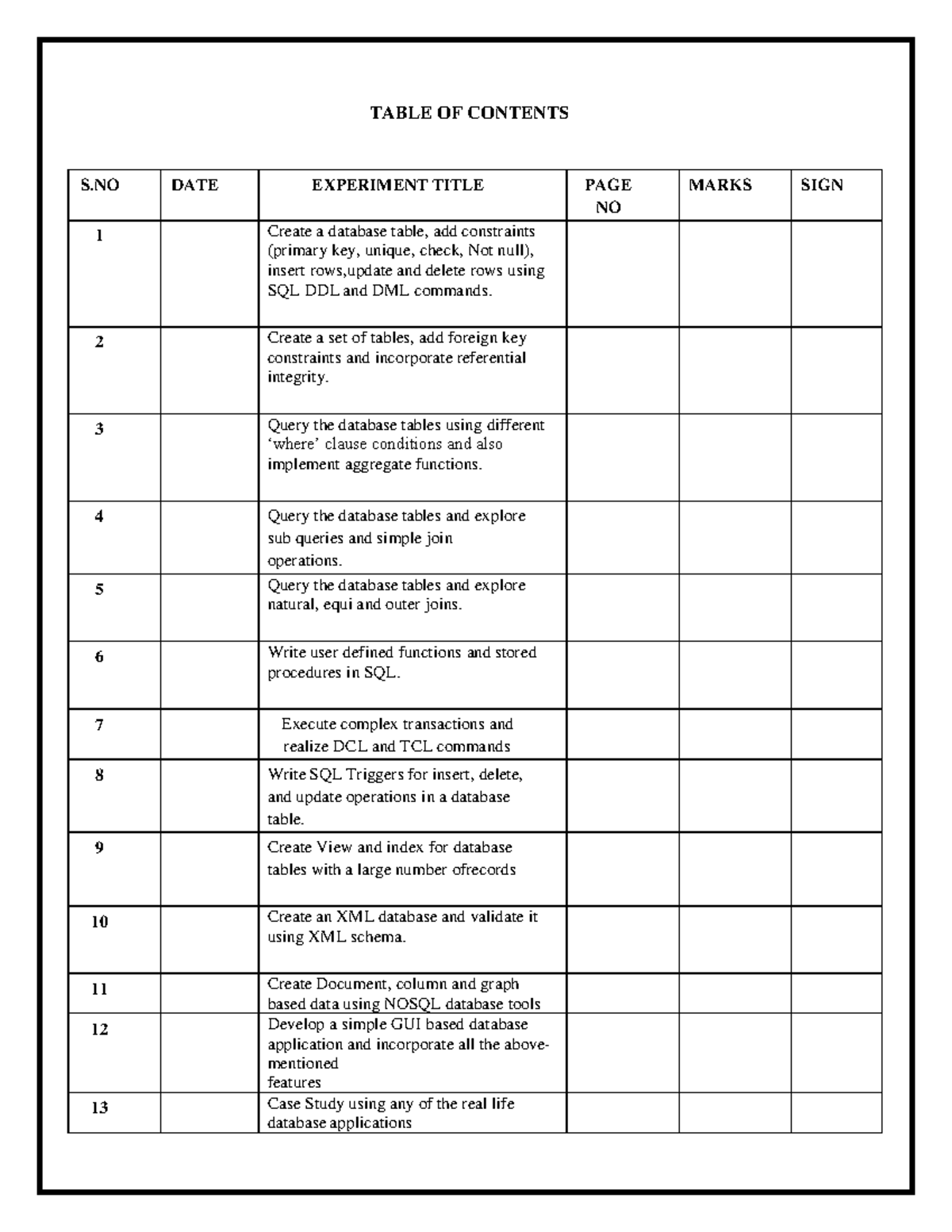 DBMS LAB-1 - TABLE OF CONTENTS S DATE EXPERIMENT TITLE PAGE NO MARKS ...