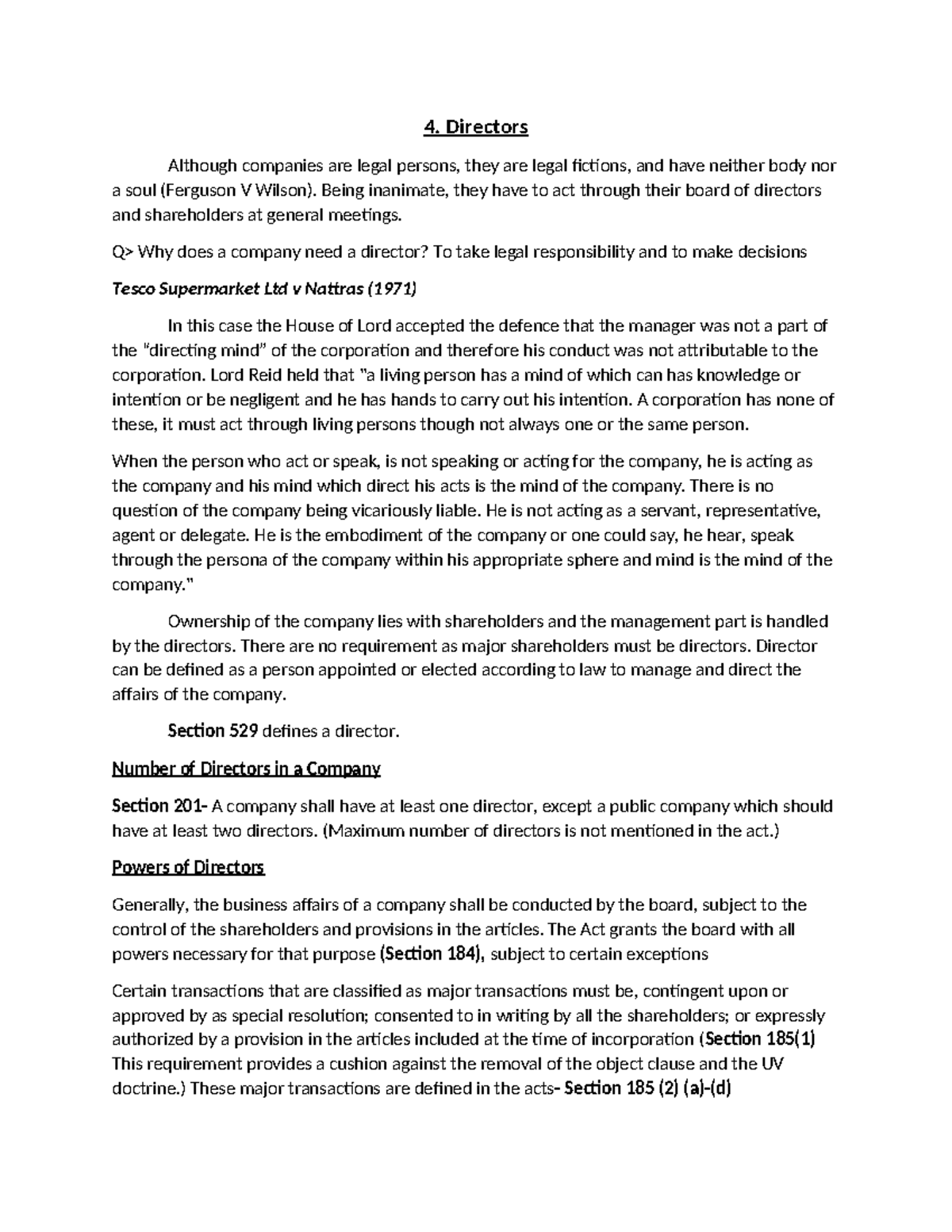 4. Directors - law notes of lecturer. - 4. Directors Although companies ...