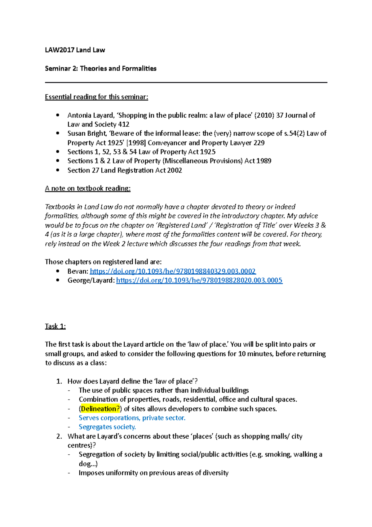 LAW2017 Seminar 2 - LAW2017 Land Law Seminar 2: Theories and ...