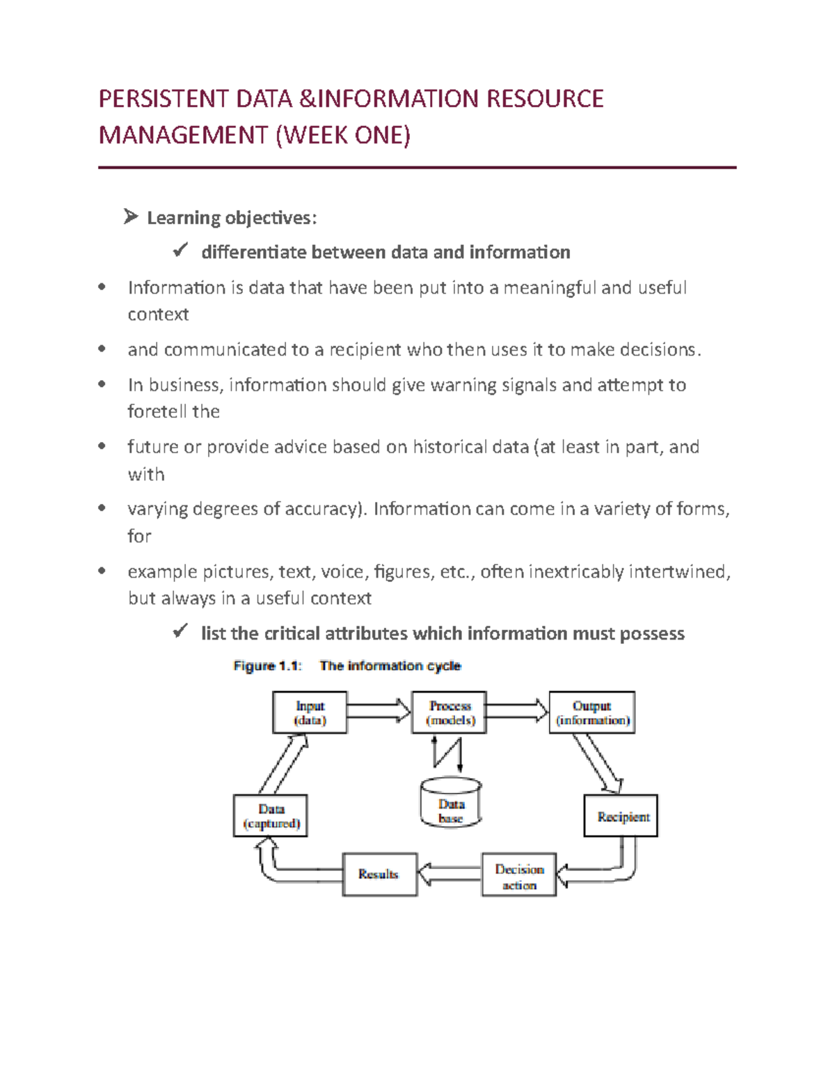 MIS202 Revision Notes - PERSISTENT DATA &amp;INFORMATION RESOURCE ...
