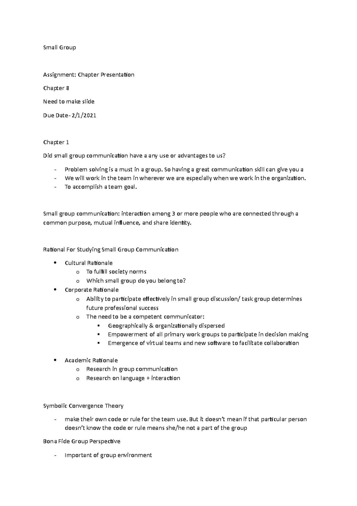 Chapter 1 - Small Group Assignment: Chapter Presentation Chapter 8 Need ...