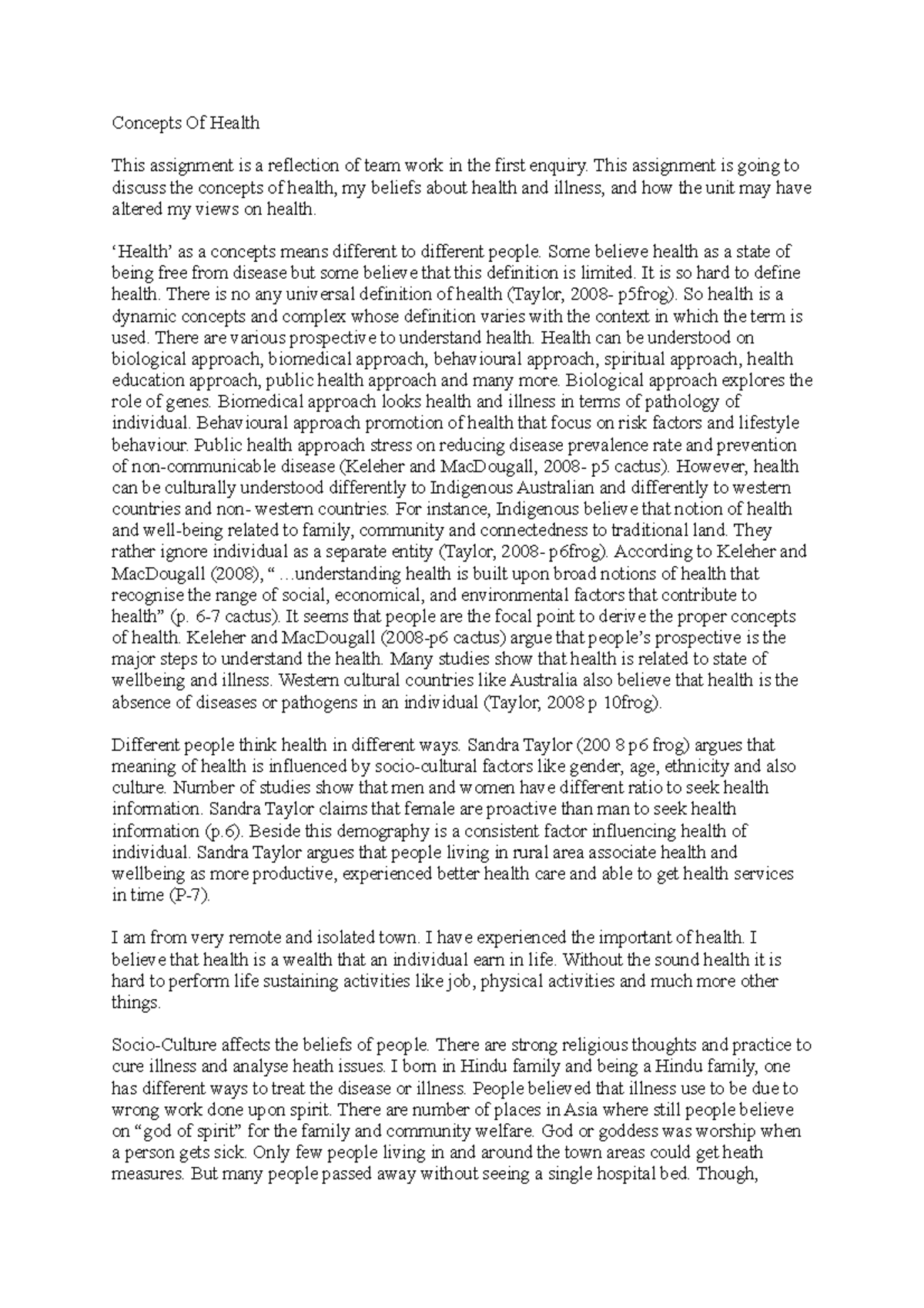 Concept of Health - Concepts Of Health This assignment is a reflection ...