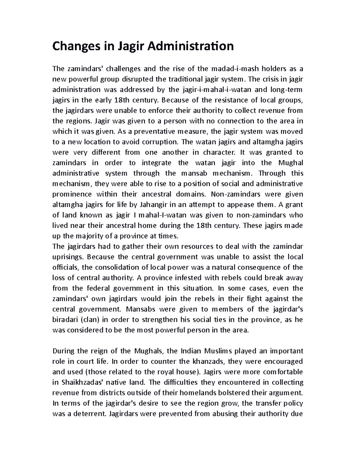 Changes in Jagir Administration - The crisis in jagir administration ...