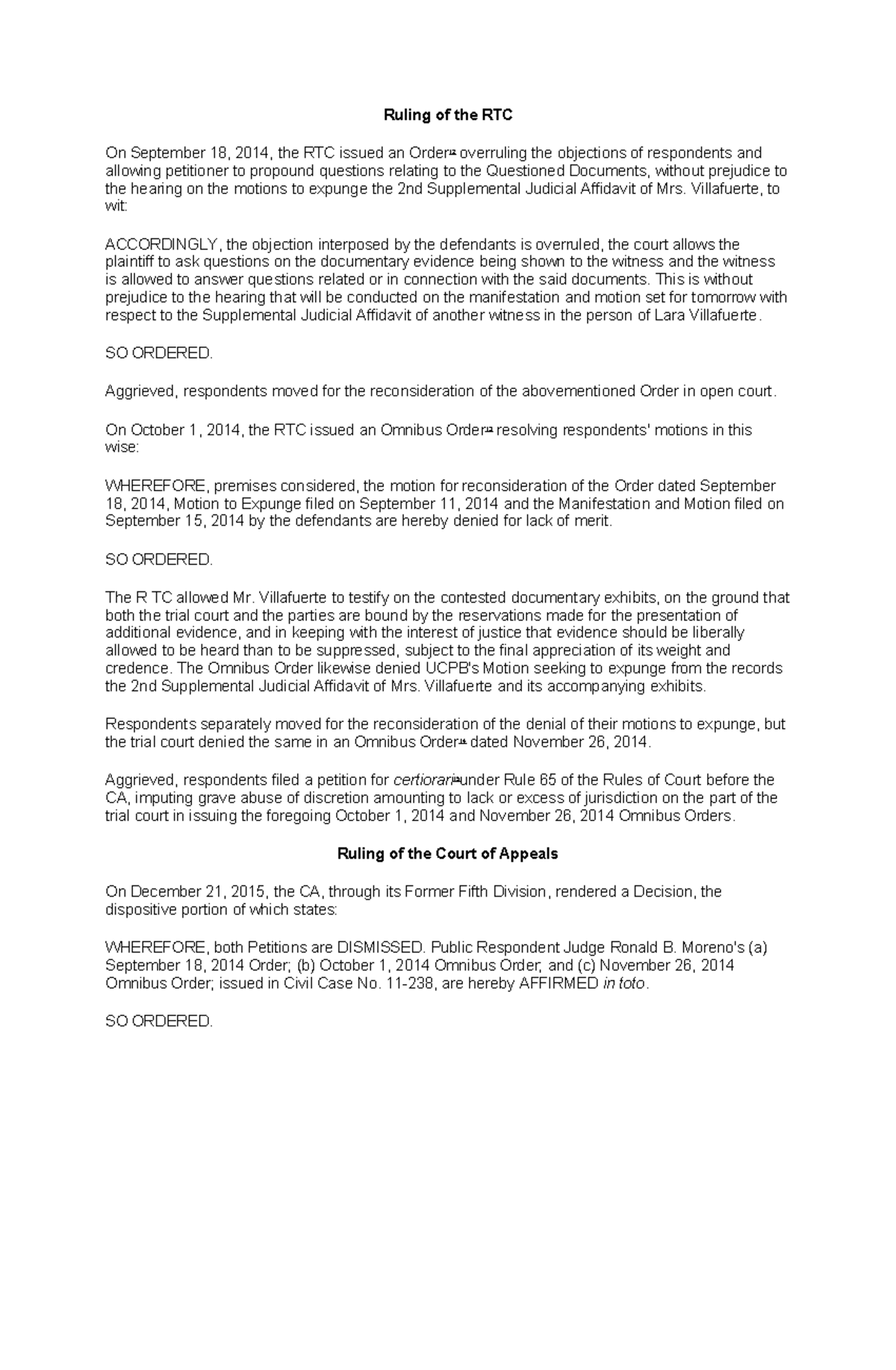 4 today - Jurisprudence - Ruling of the RTC On September 18, 2014, the ...