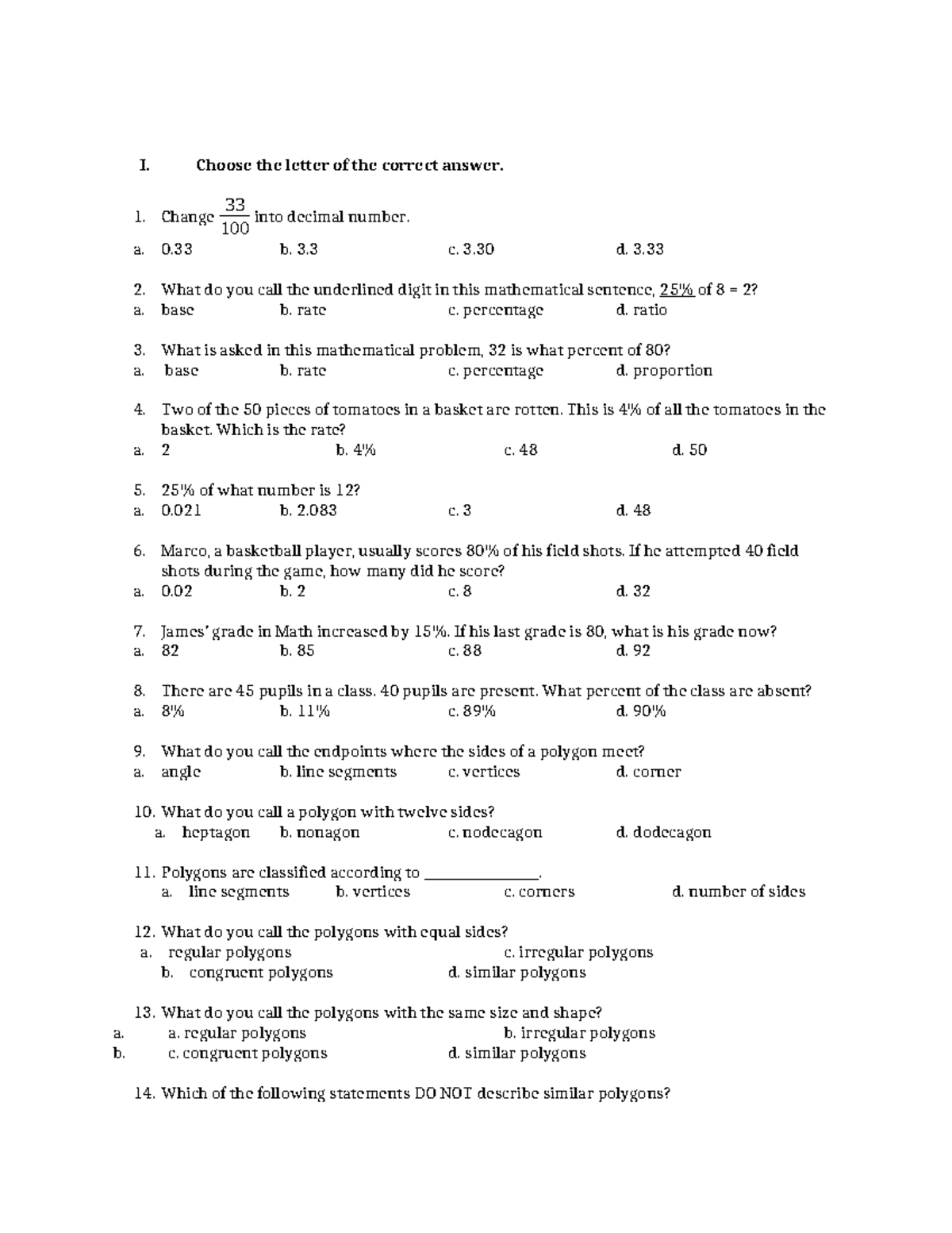 Math long test - I. Choose the letter of the correct answer. 1. Change ...