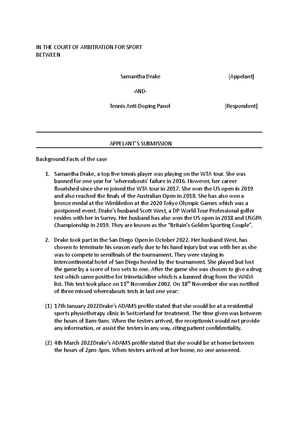 Sports law CAS submission - IN THE COURT OF ARBITRATION FOR SPORT ...