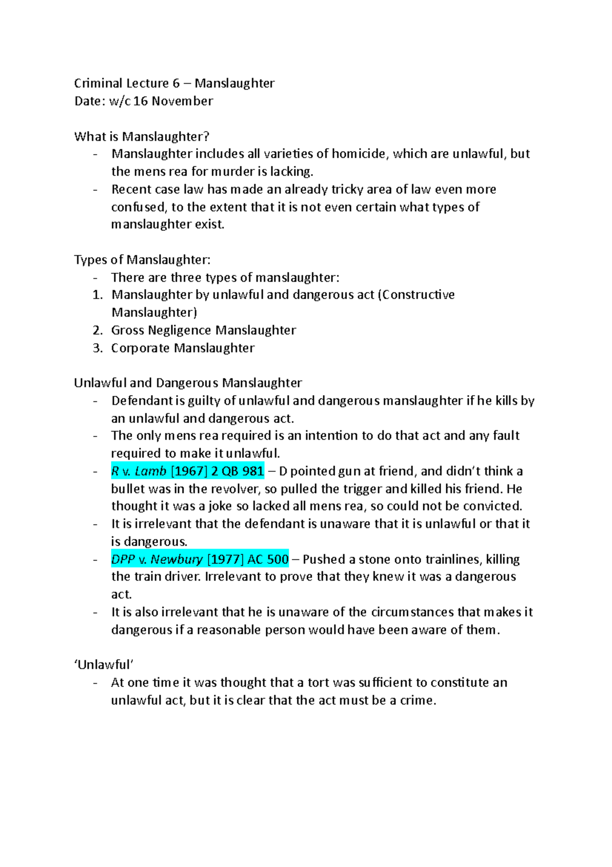 Manslaughter Notes - Criminal Lecture 6 – Manslaughter Date: w/c 16 ...