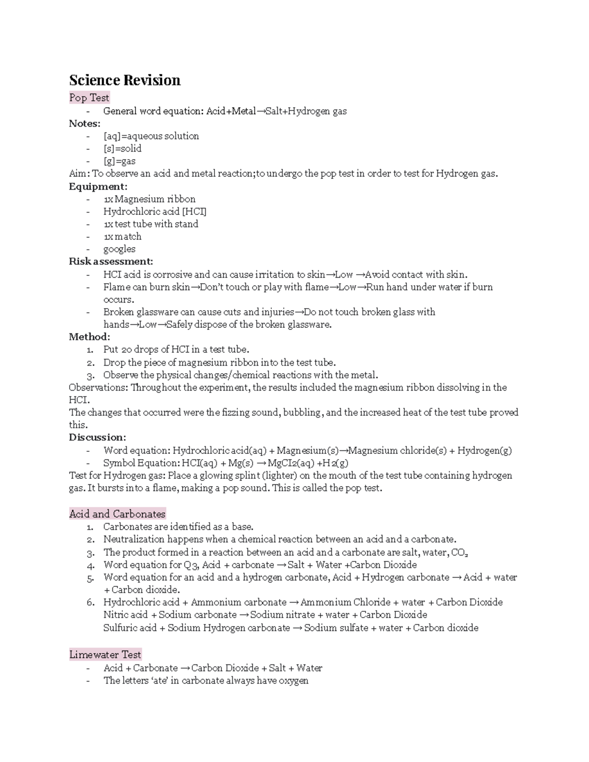 Science Revision Term 3 - Science Revision Pop Test General word ...
