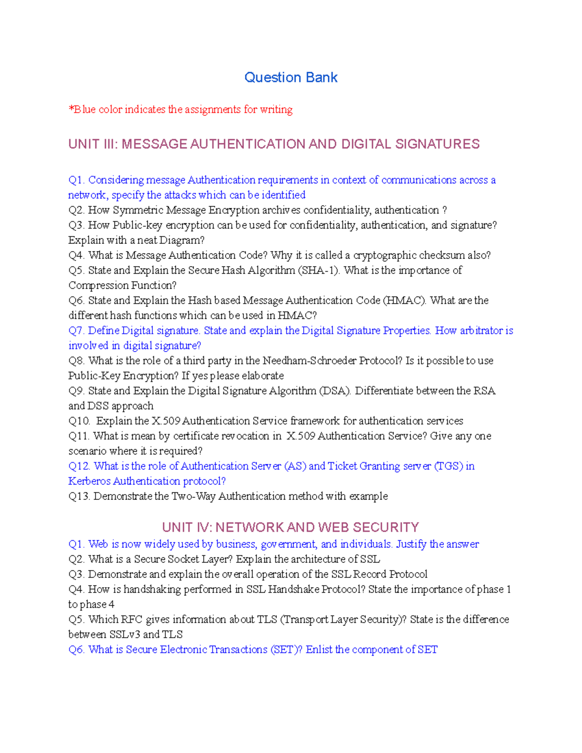 Question Bank Unit III and IV - Question Bank *Blue color indicates the ...