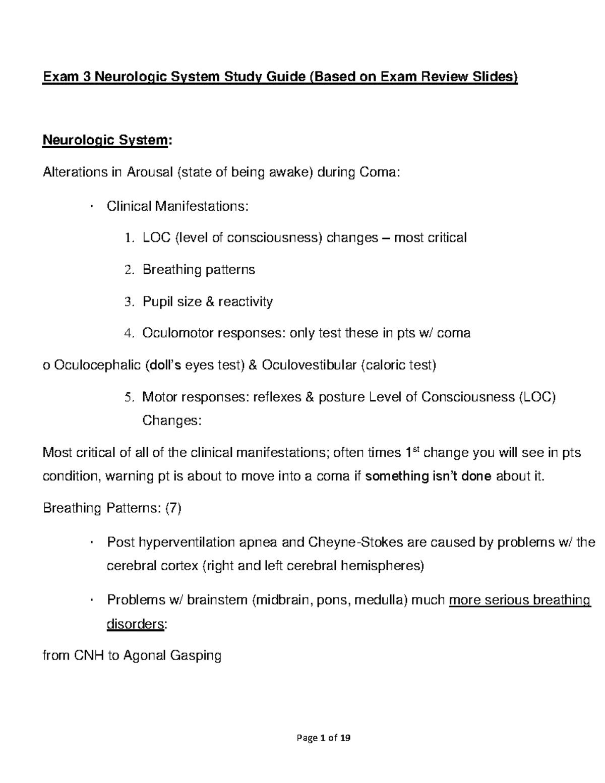 Exam 3 Neurologic System Study Guide - LOC (level of consciousness ...