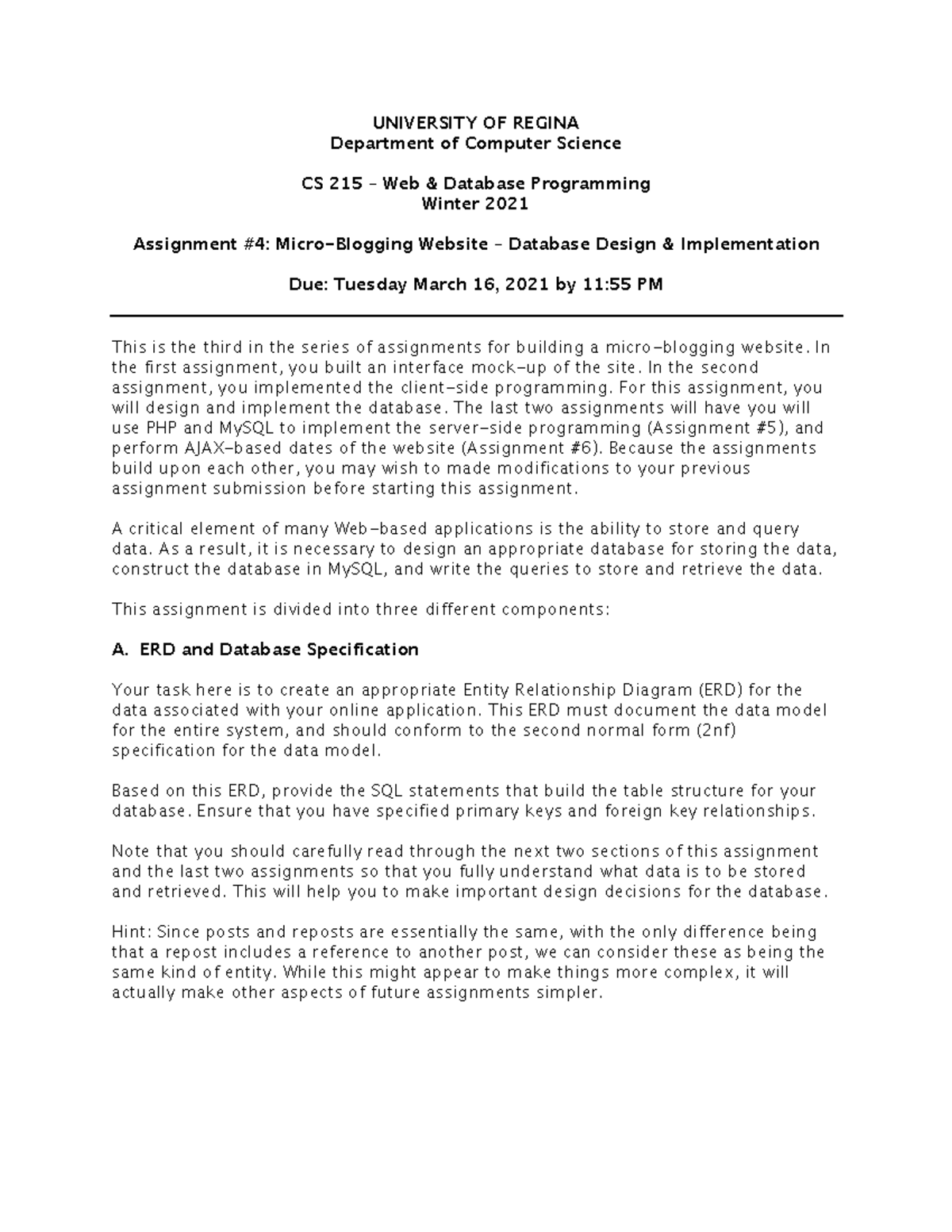 CS215-a4 - Assignment for students - UNIVERSITY OF REGINA Department of ...