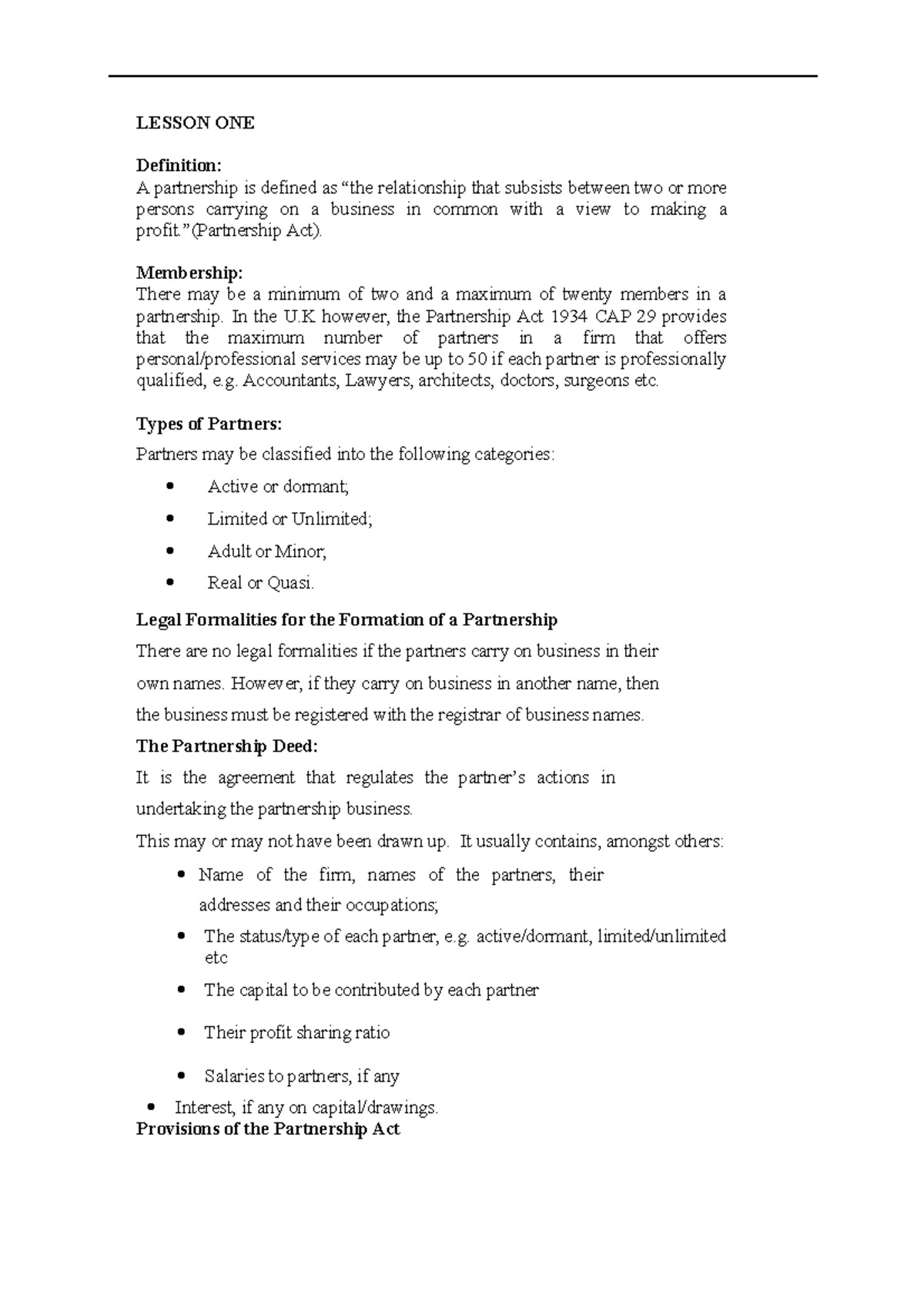 Lesson One - Lecture notes - LESSON ONE Definition: A partnership is ...