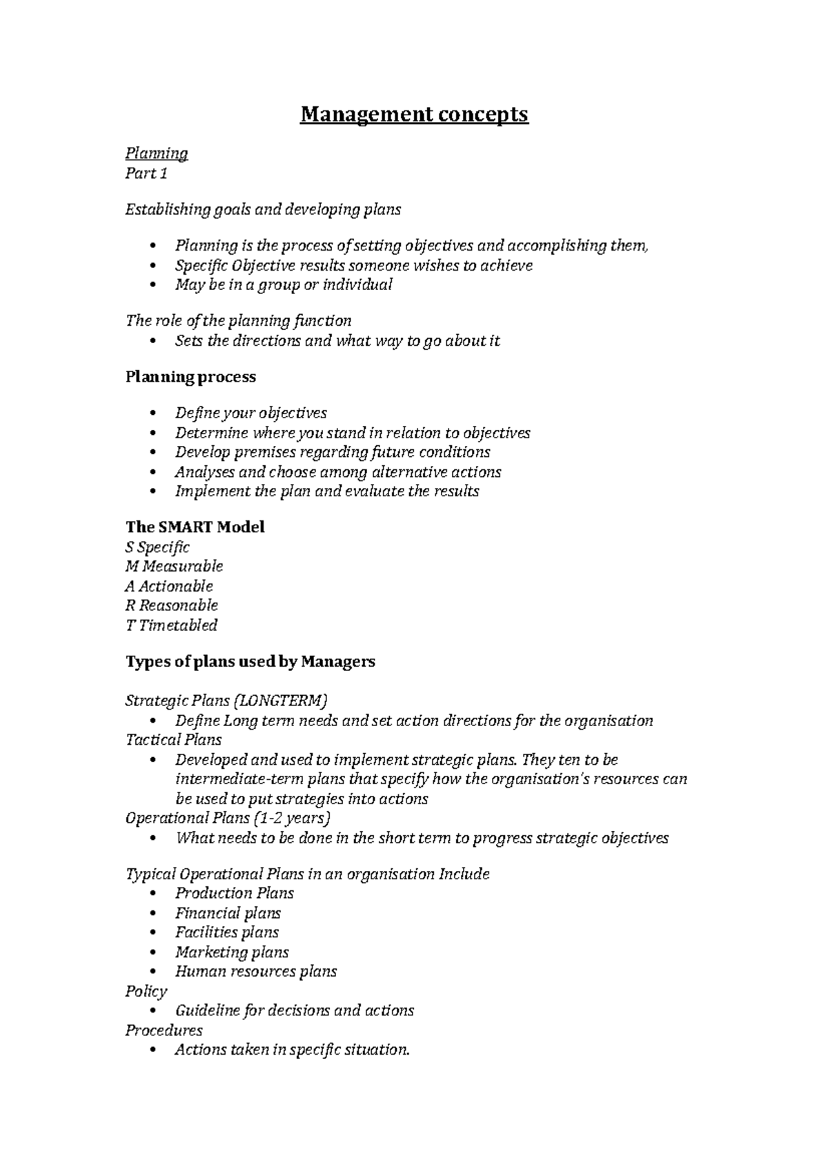 Management concepts - Lecture notes 3-11 - Management concepts Planning ...