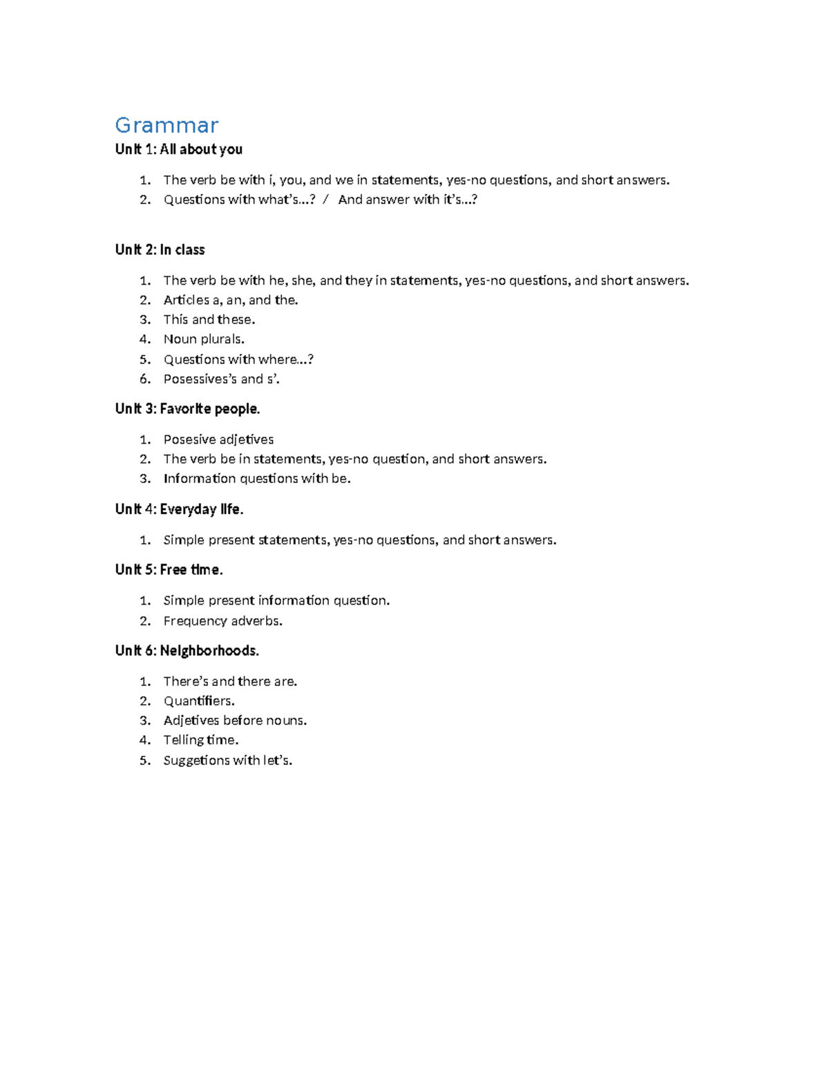Grammar - ingles - Grammar Unit 1: All about you 1. The verb be with i ...