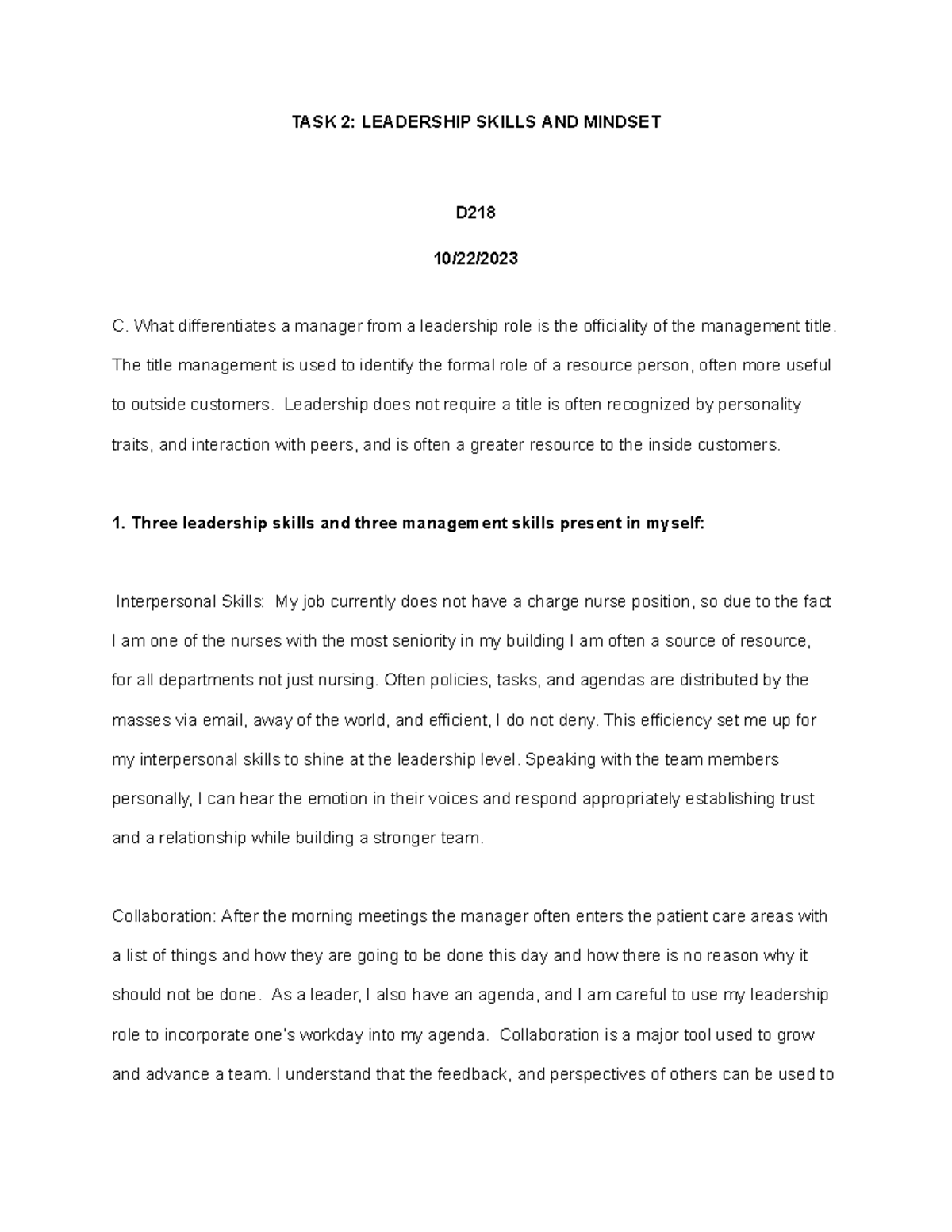 D218 TASK 2 LEADERSHIP SKILLS AND MINDSET - TASK 2: LEADERSHIP SKILLS ...
