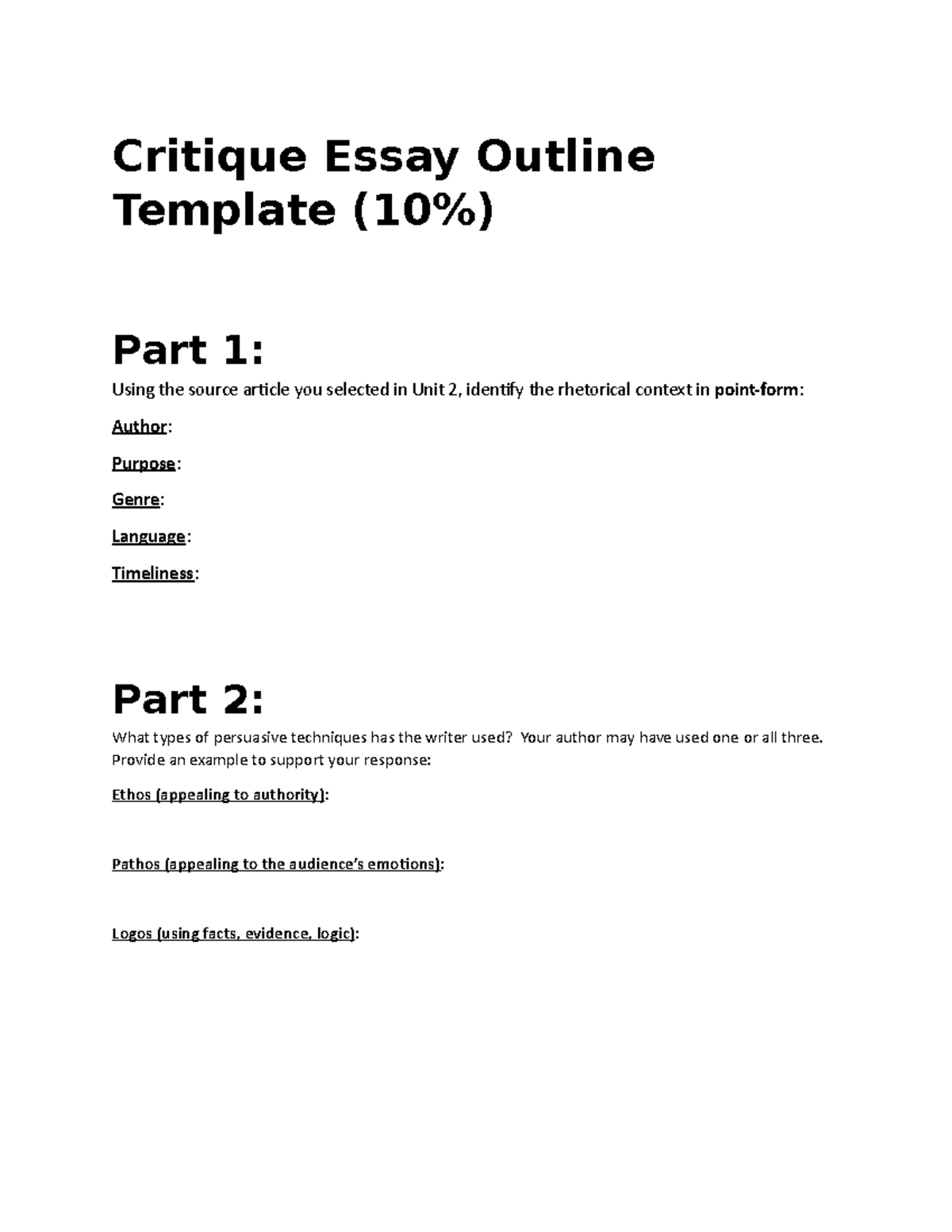Project 1 Essay Outline - Critique Essay Outline Template (10%) Part 1 ...