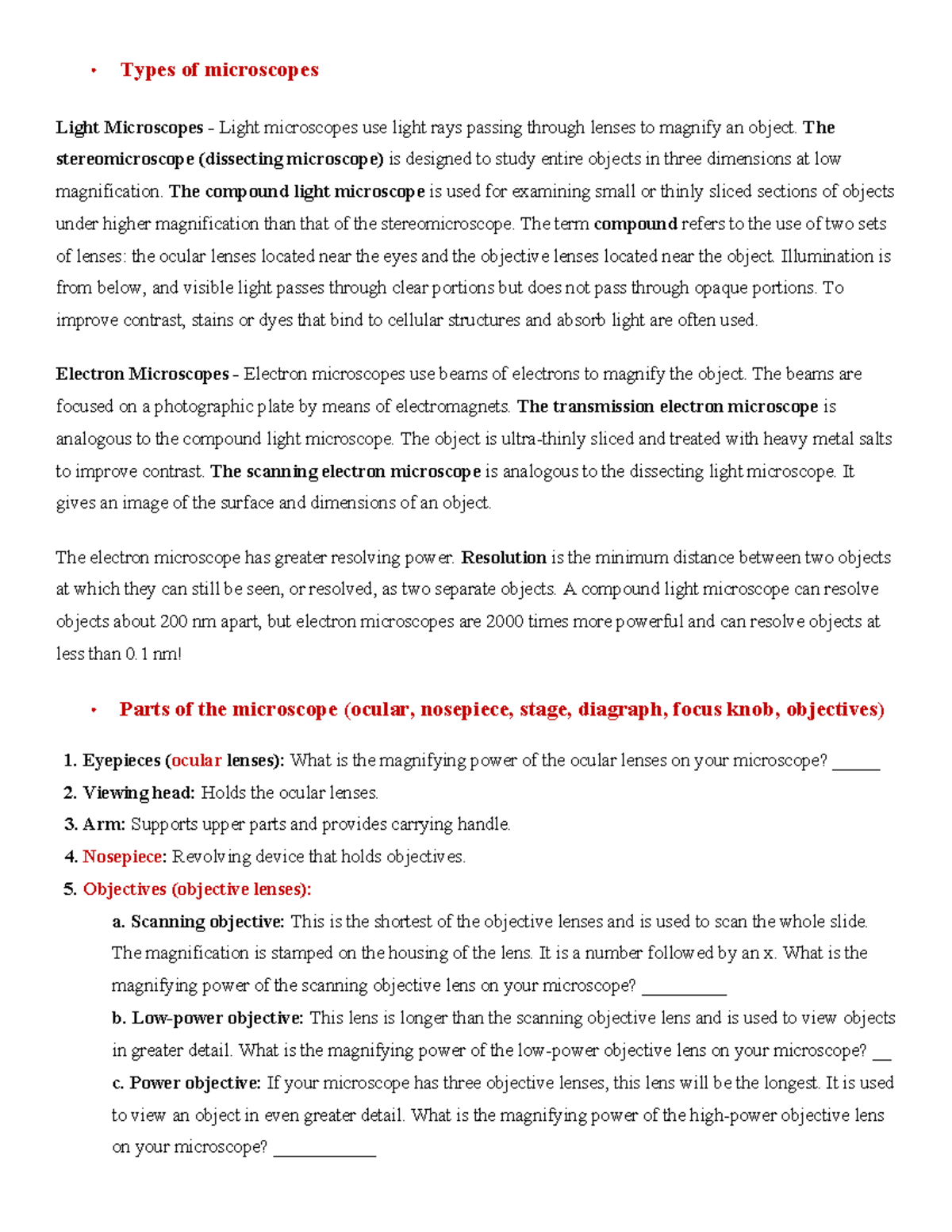Comprehensive Lab Final 2 - • Types of microscopes Light Microscopes ...