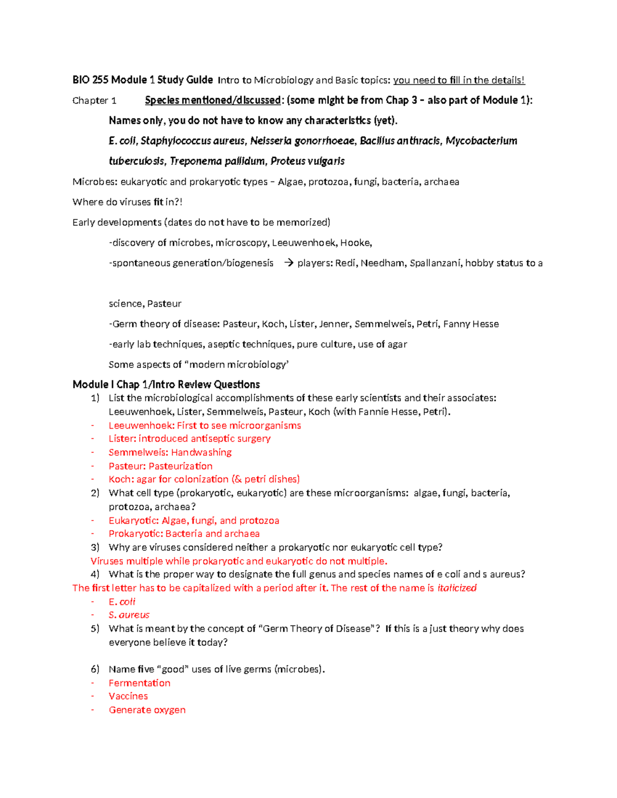Microbio Chapter 1 - Mini study guide - BIO 255 Module 1 Study Guide ...