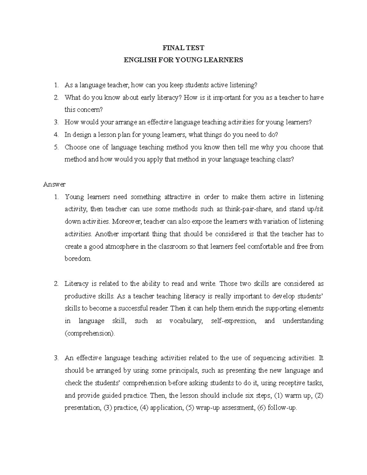 English for Young Learners - Final Test - FINAL TEST ENGLISH FOR YOUNG ...