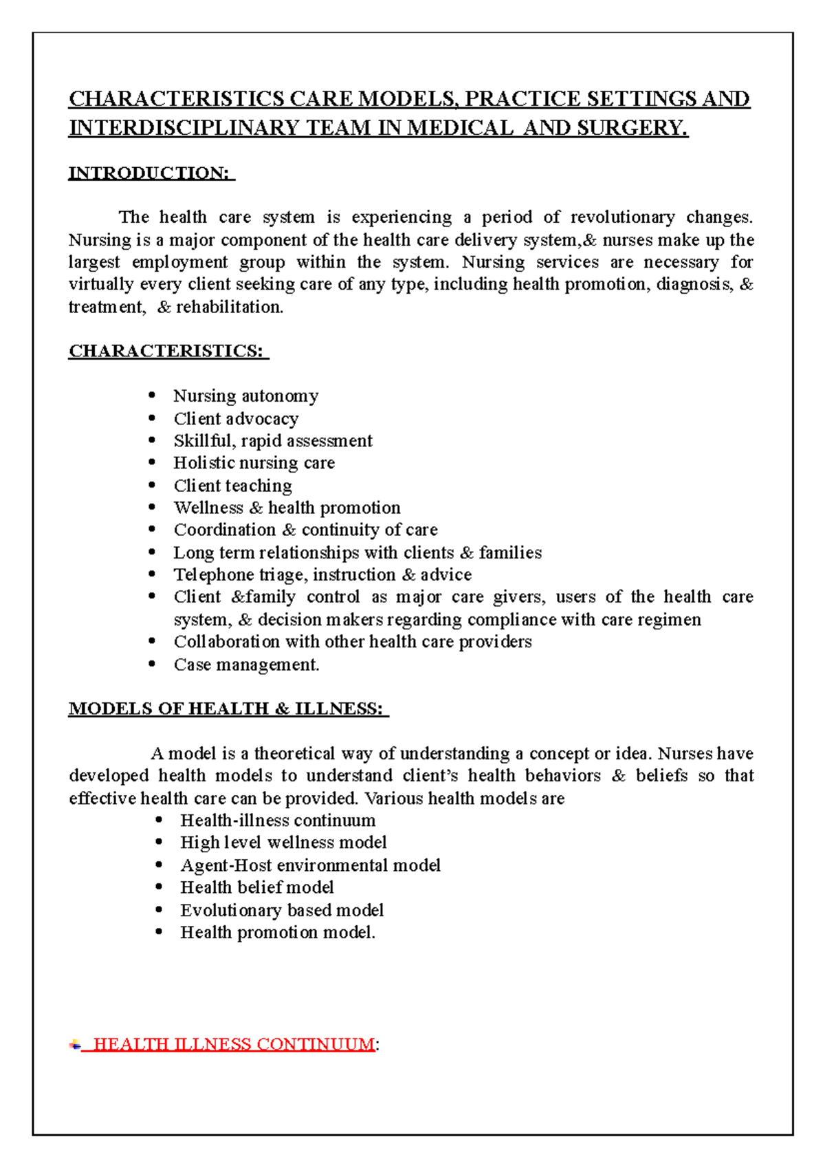 27. Model IN Medical AND Surgery - CHARACTERISTICS CARE MODELS ...