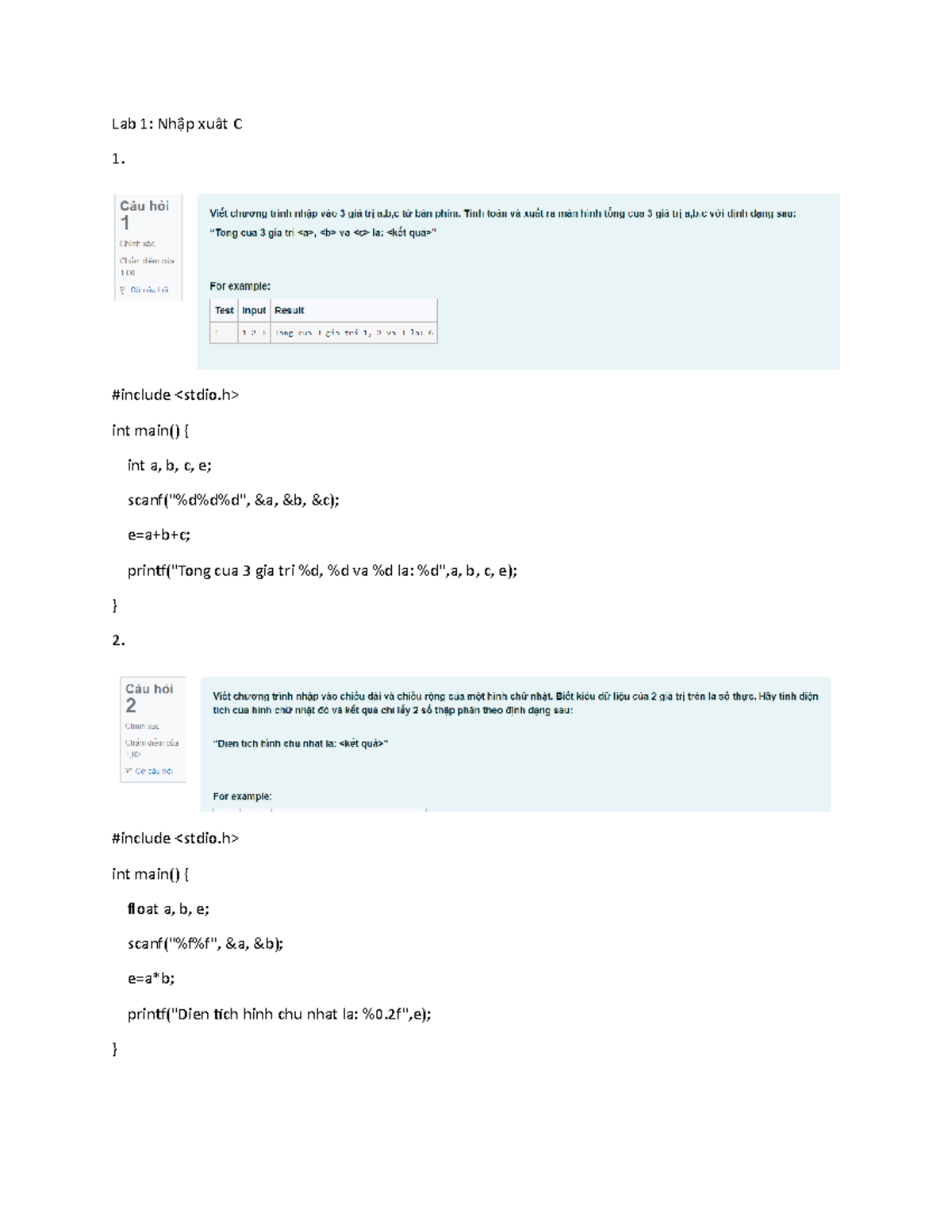 Lab-1 - bài thực hành 1 - Lab 1: Nh p xuấất Cậ 1. #include int main() { int a, b, c, e; - Studocu
