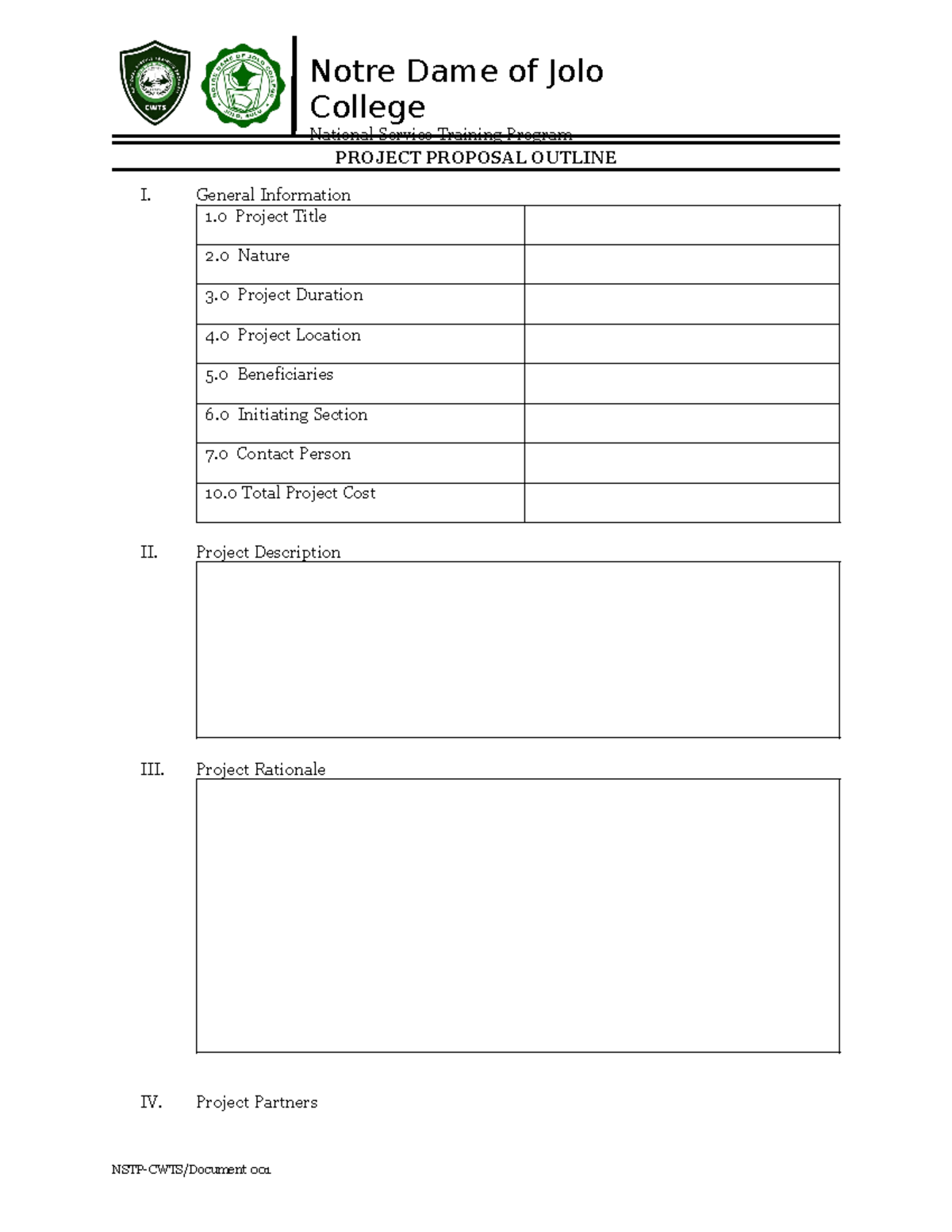 Project Proposal Outline 1 - College National Service Training Program ...