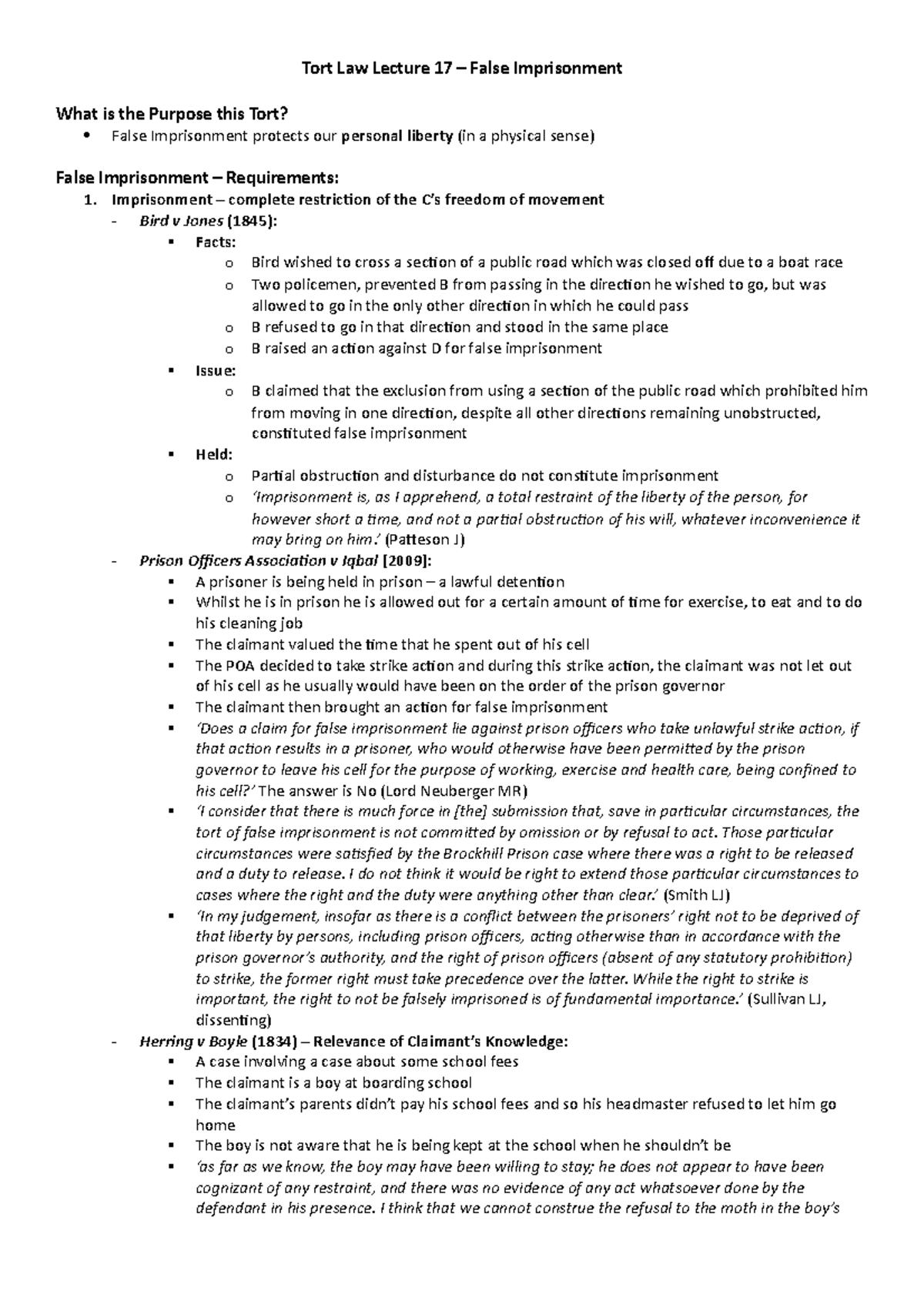 Lecture 17 - False Imprisonment - Tort Law Lecture 17 – False ...