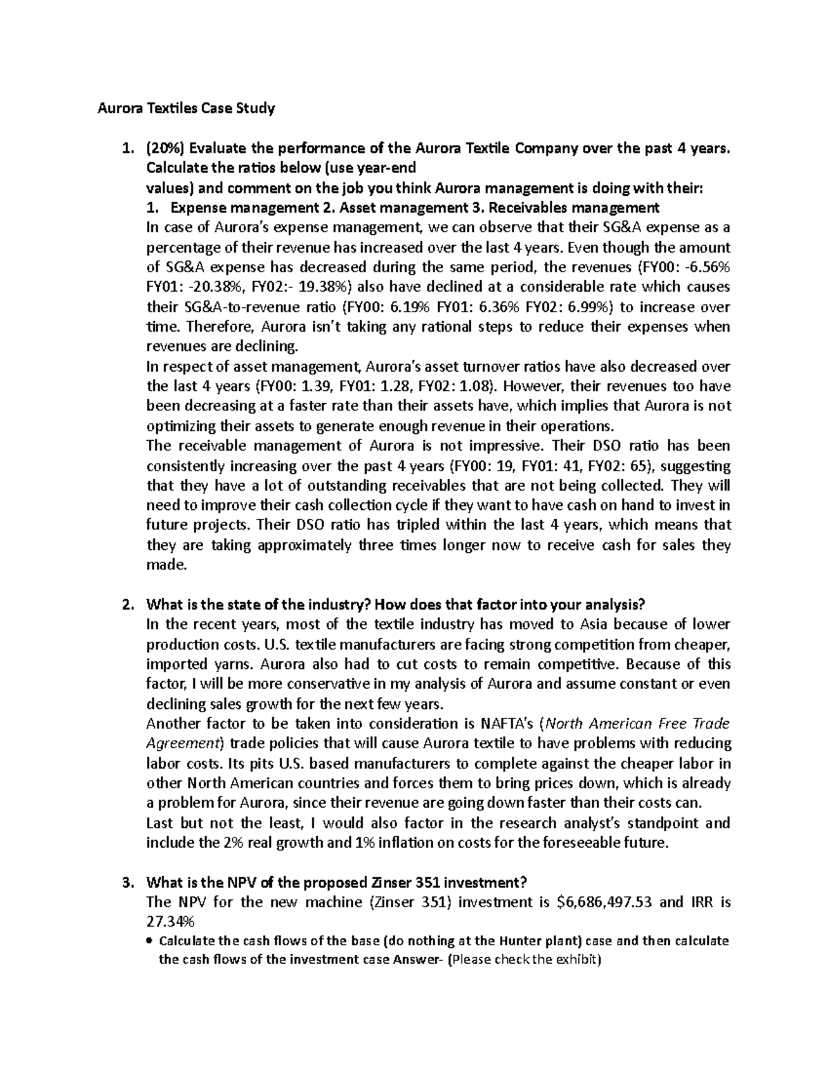 Aurora Textiles Case Study write up - FIN 4490 - Utah State - Studocu